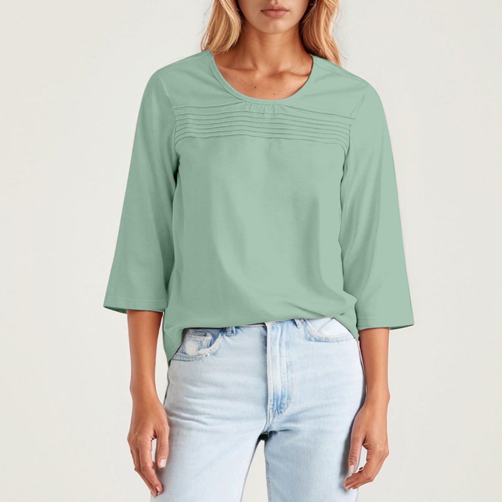 BAODANN Round Neck 3/4 Sleeve Pleated Front Line T Shirt Shirt Shirts ...