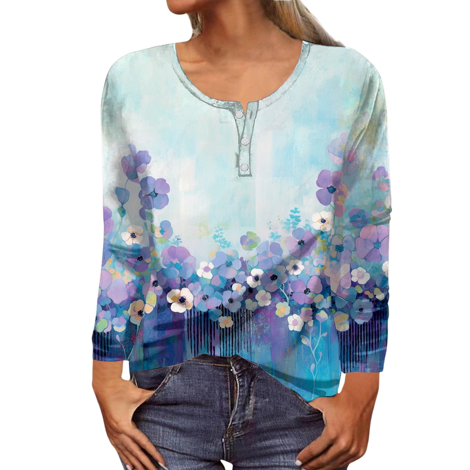 BAODANN Round Neck Button Floral Print Long Sleeve T Shirt For Women ...