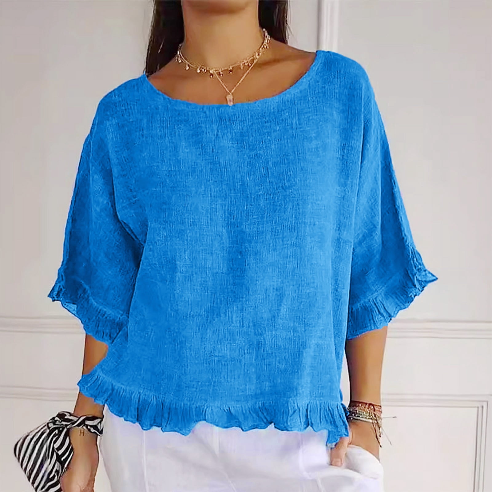 BAODANN Round Neck Ruffled Hem Mid Sleeve and Linen Top Casual Ruffle ...