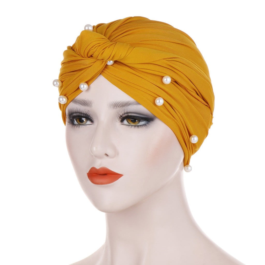 BAODANN Ruffle Beading Hat Turban Cap Pearl Women Wrap Baseball Caps Caps Trucker Hats for Men ...