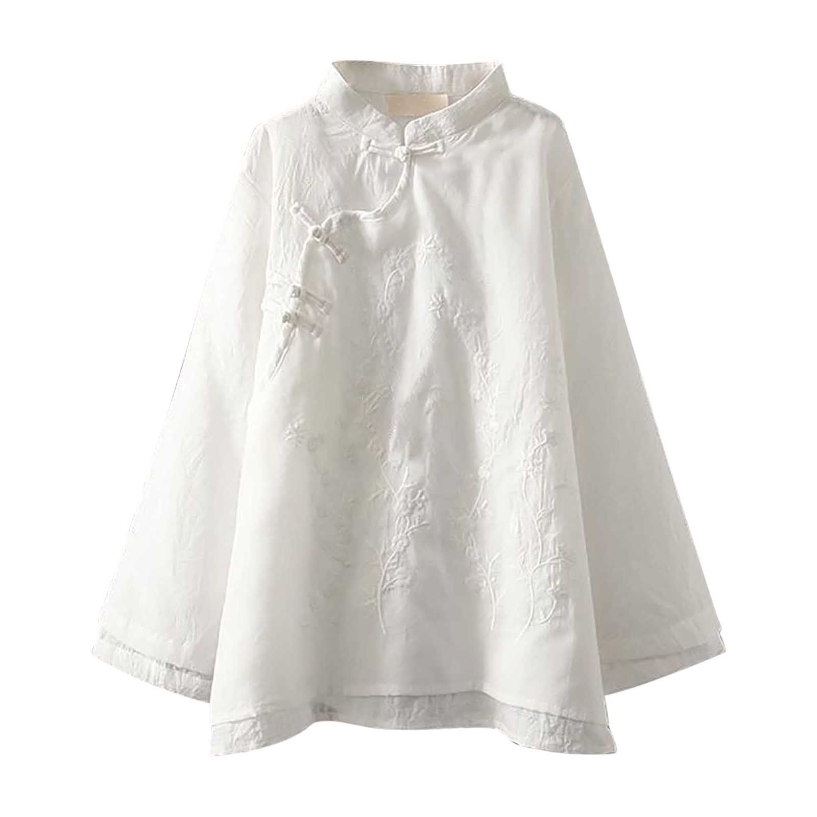 BAODANN Vintage Embroidered Button Down Linen Shirt For Women Chinese ...