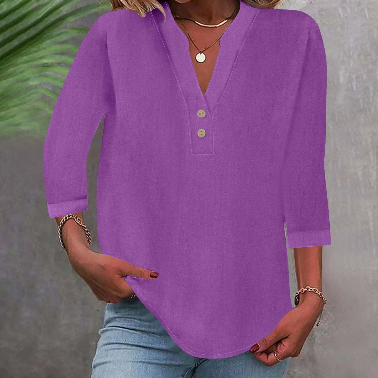 BAODANN Women Fashion V Neck Point Sleeve Button Casual Comfortable Top ...