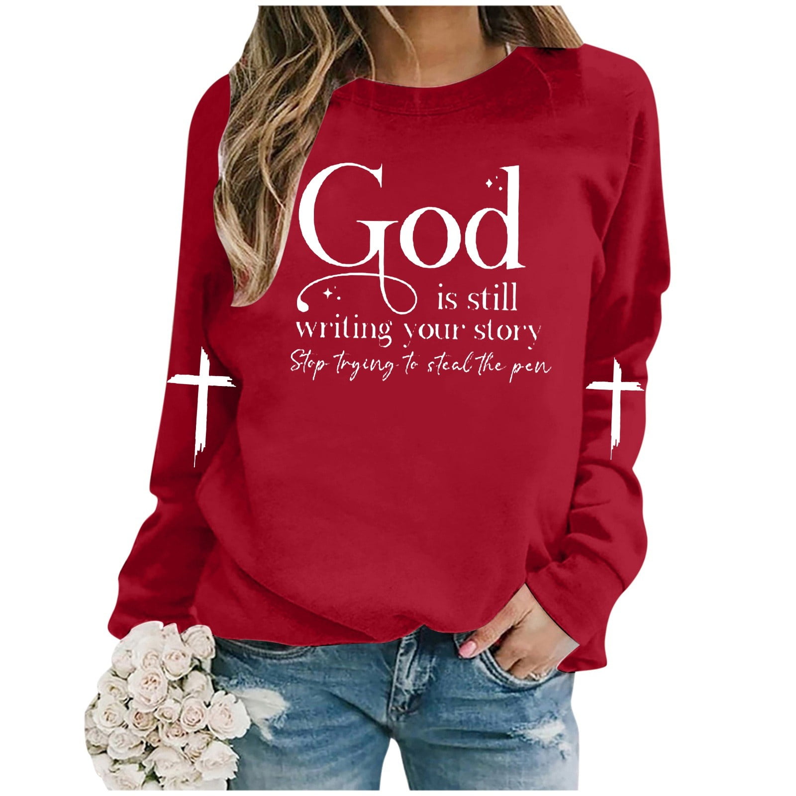 BAODANN Women's Letter Printed Casual Long Sleeved Pullover Round Neck ...