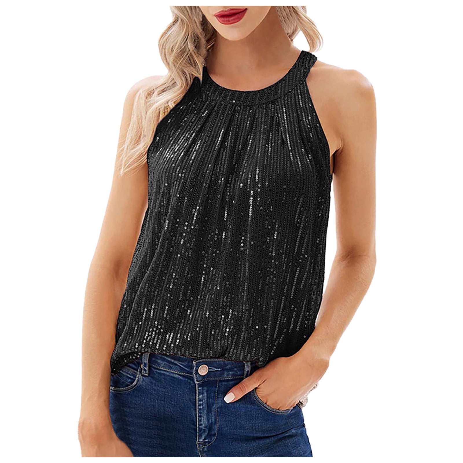 BAODANN Women's New Solid Color Sequin Micro Elastic Sequin Vest Big ...