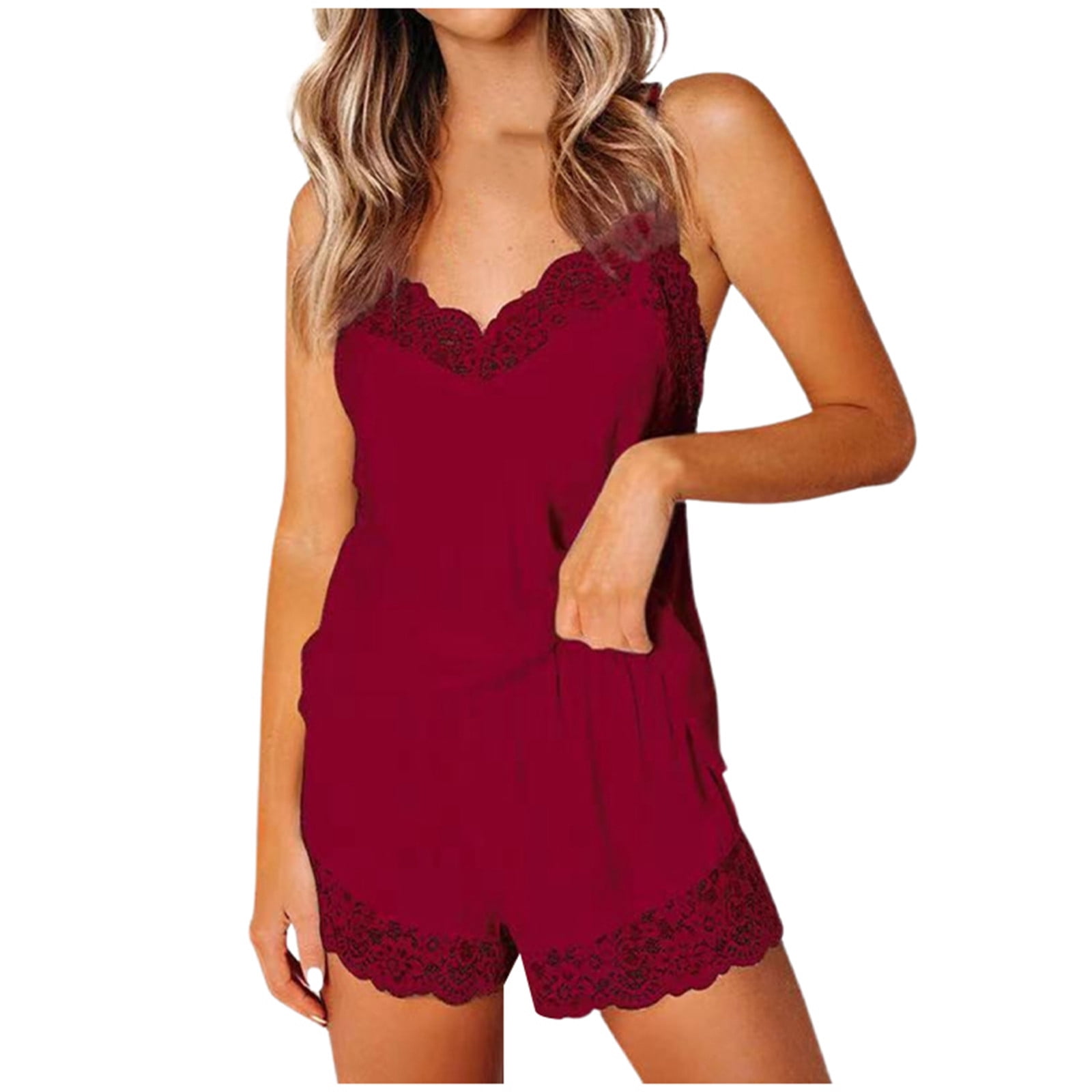 BAODANN Women's Sexy Lace Solid Color Camisole and Shorts Pajama Set 2 ...