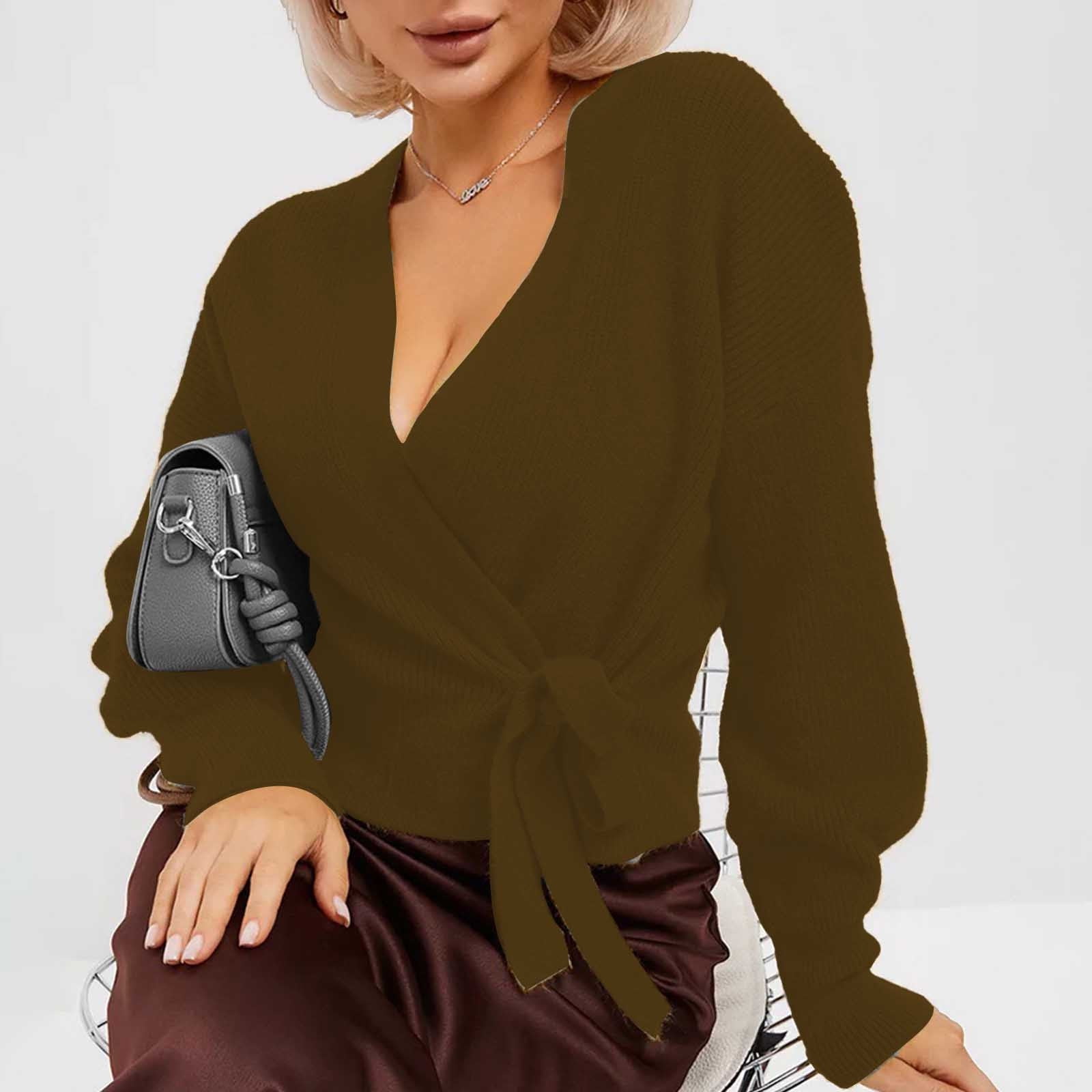 BAODANN Women's V Neck Tied Knit Cardigan Slim Fit Sweater Jacket For ...