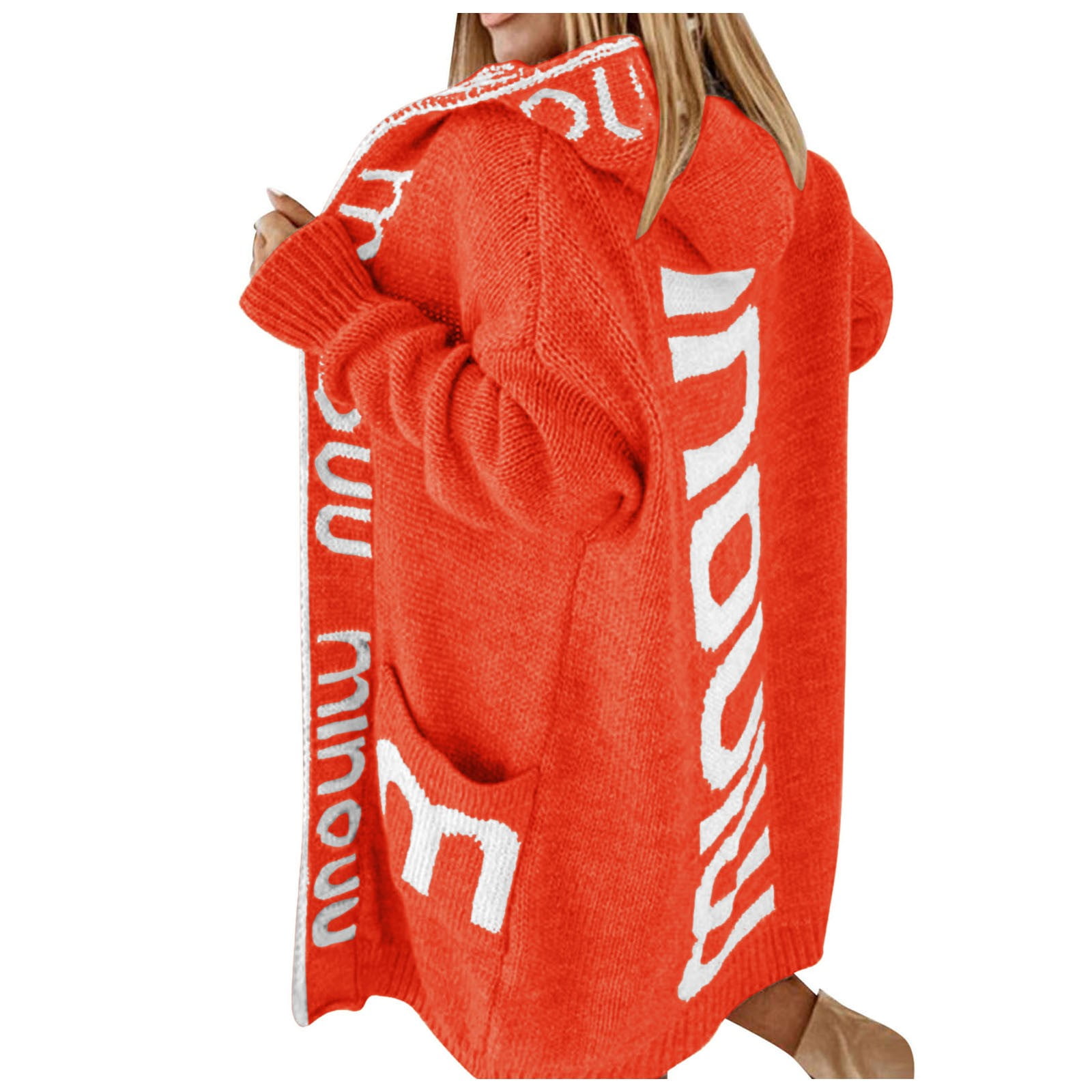 BAODANN Womens Letter Print Knit Cardigan Buttonless Hoodie Knee Length ...