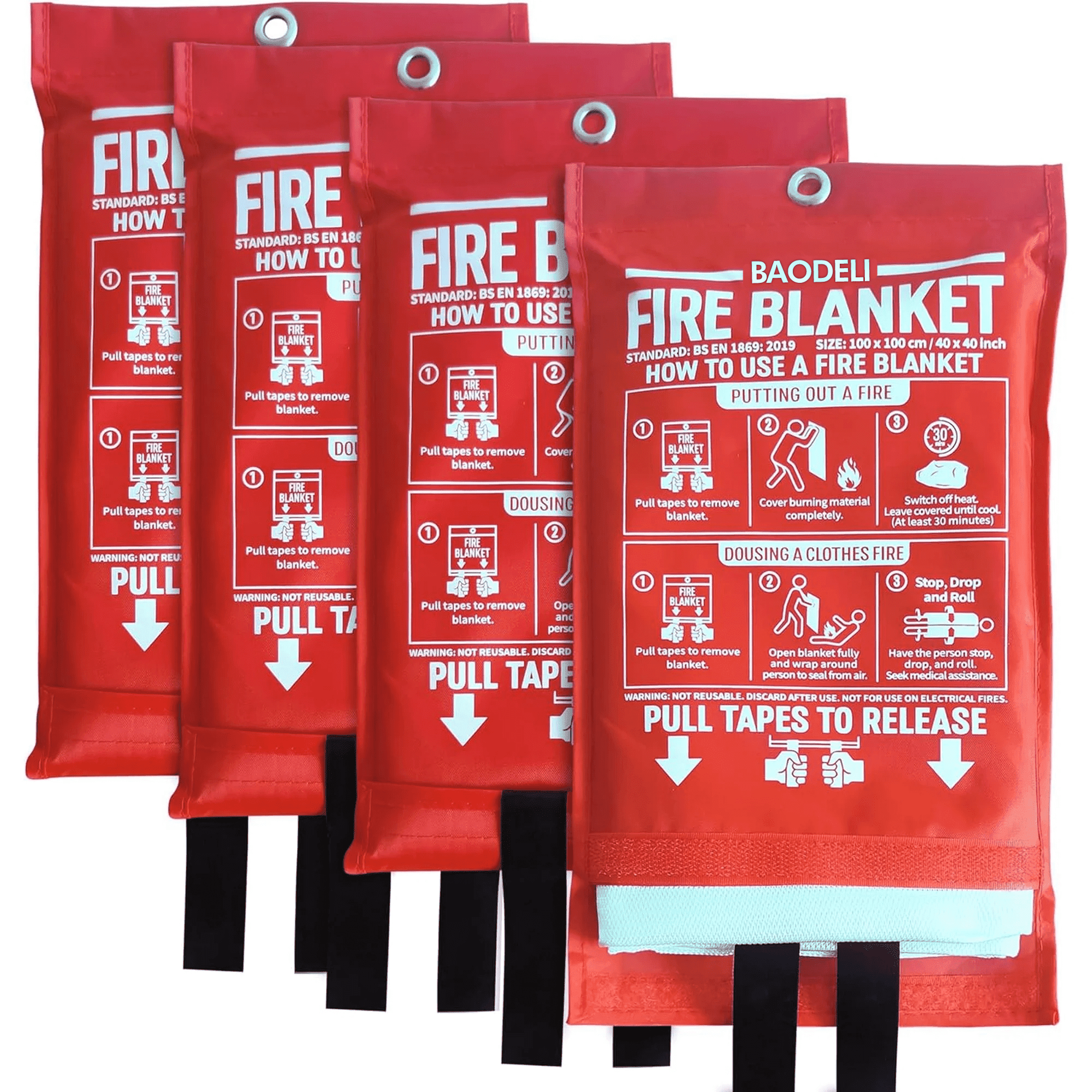 BAODELI Fire Blanket for Home and Kitchen, 40" x 40", 4 Pack, Emergency ...