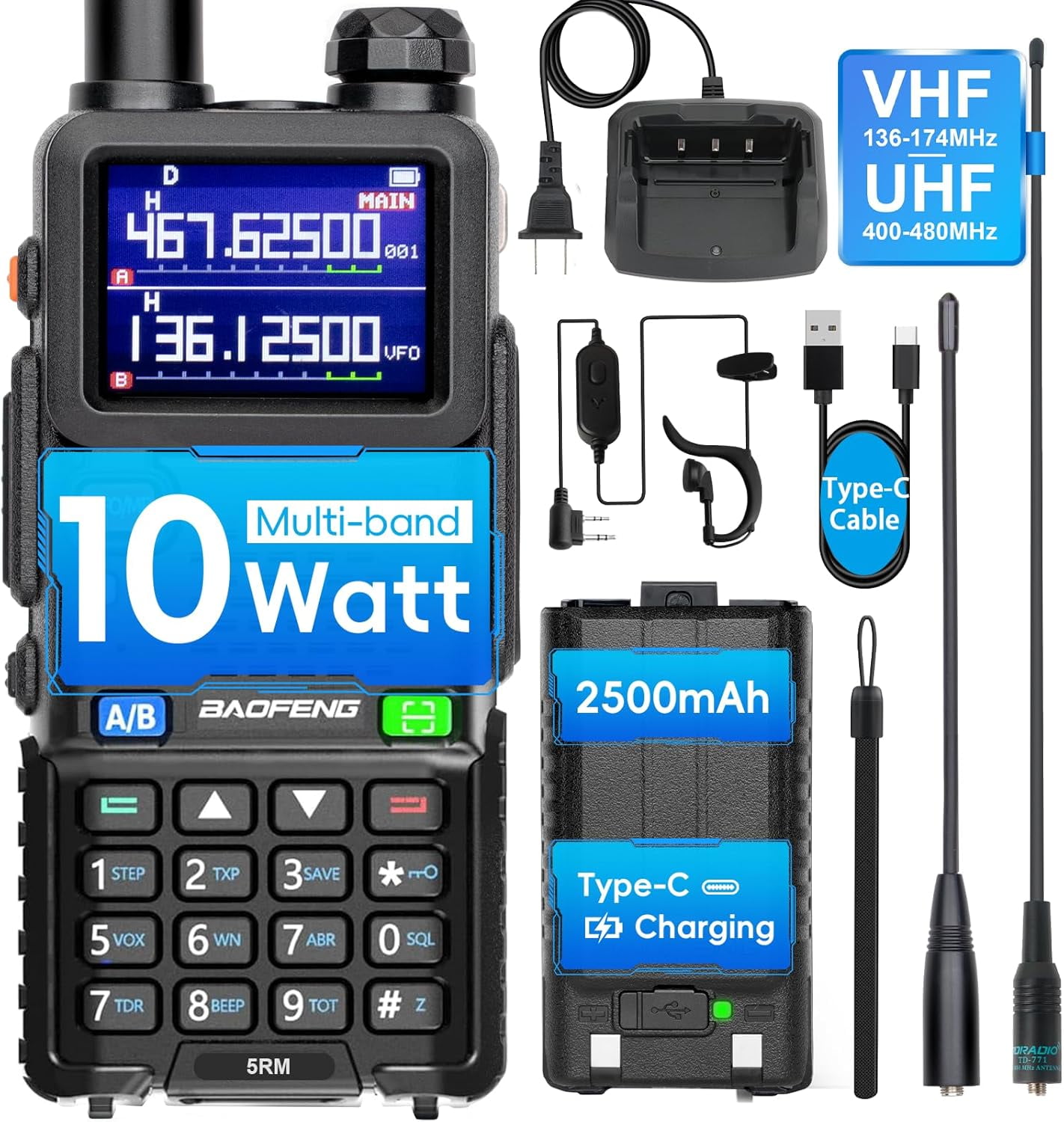 BAOFENG 5RM Ham Radio 10W High Power, Long Range Walkie Talkies ...