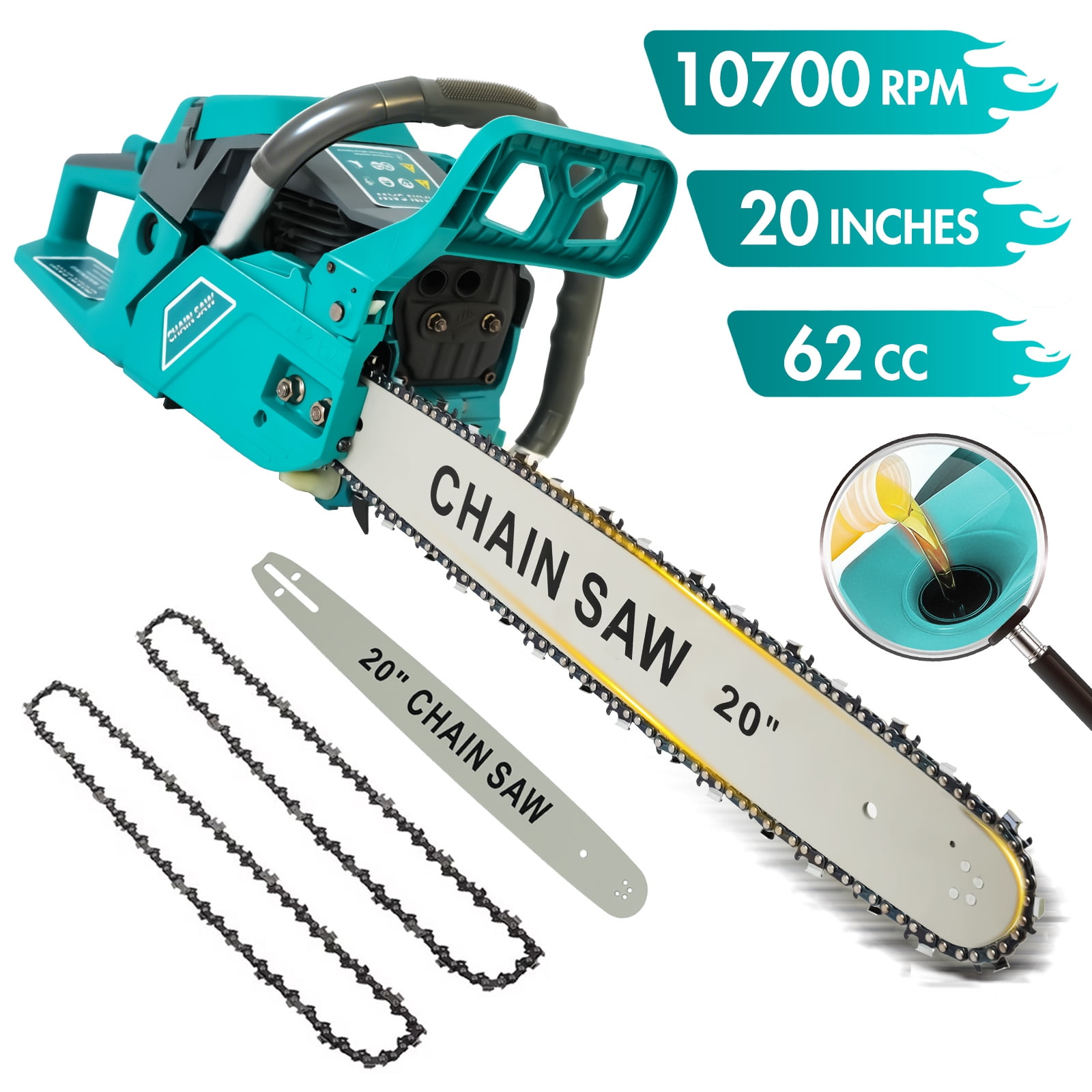 BAOKALER 10700 RPM 2-Cycle 62CC Heavy Duty Chainsaw, 20-Inch Gas ...