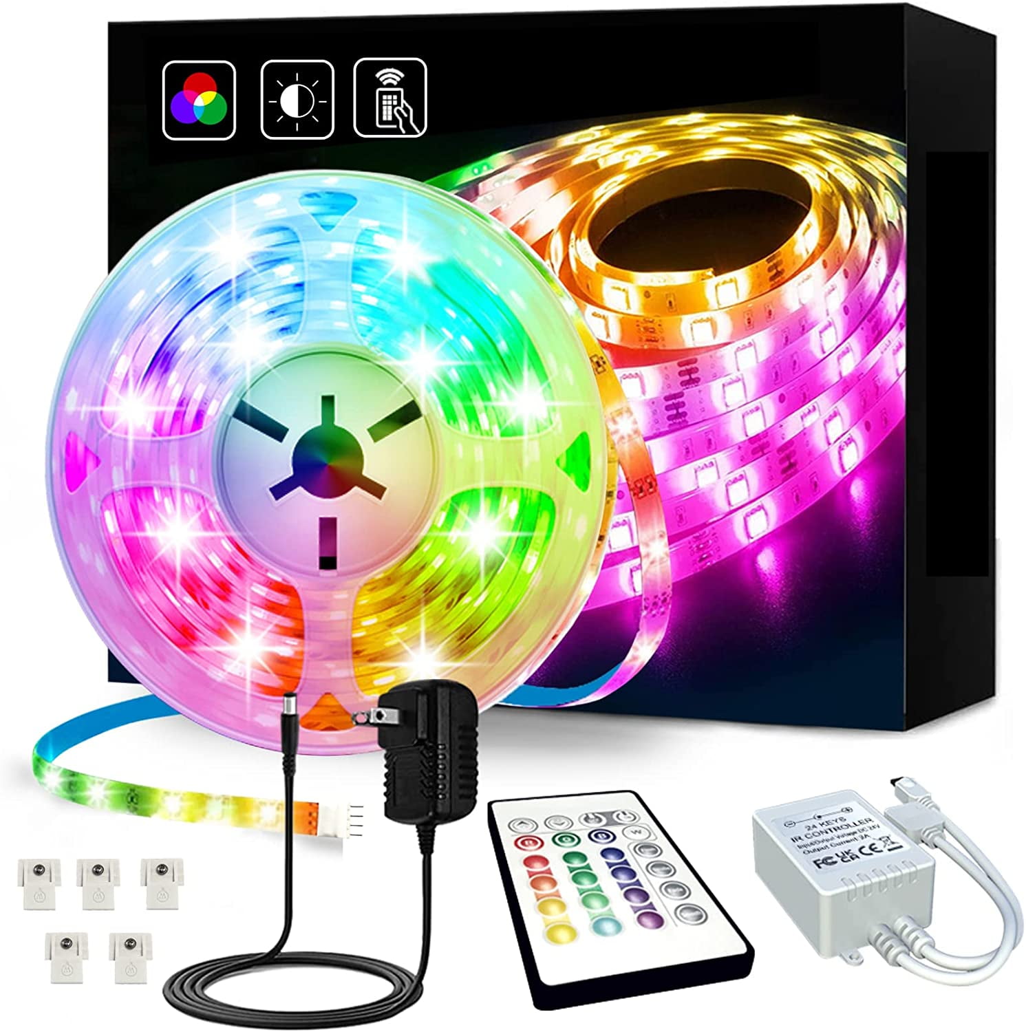 BAOMING LED RGB Neon Light Strip 16.4ft/5M, 24-Key Remote, Dimmable 24V ...