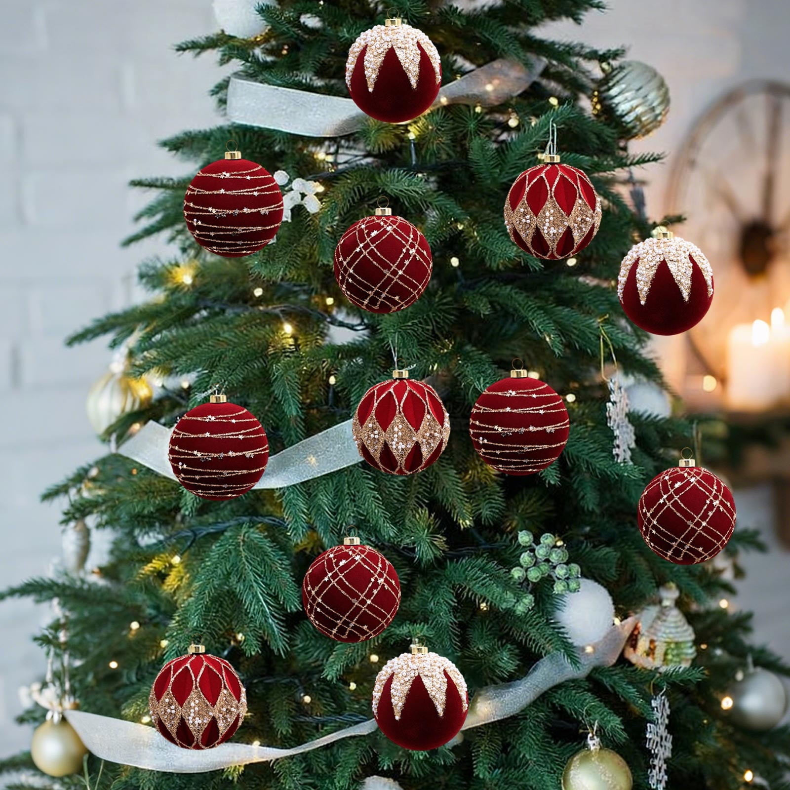 BAOPAI 6cm Flocked Glitter Ornaments 12PC Boxed Holiday Tree Decoration ...