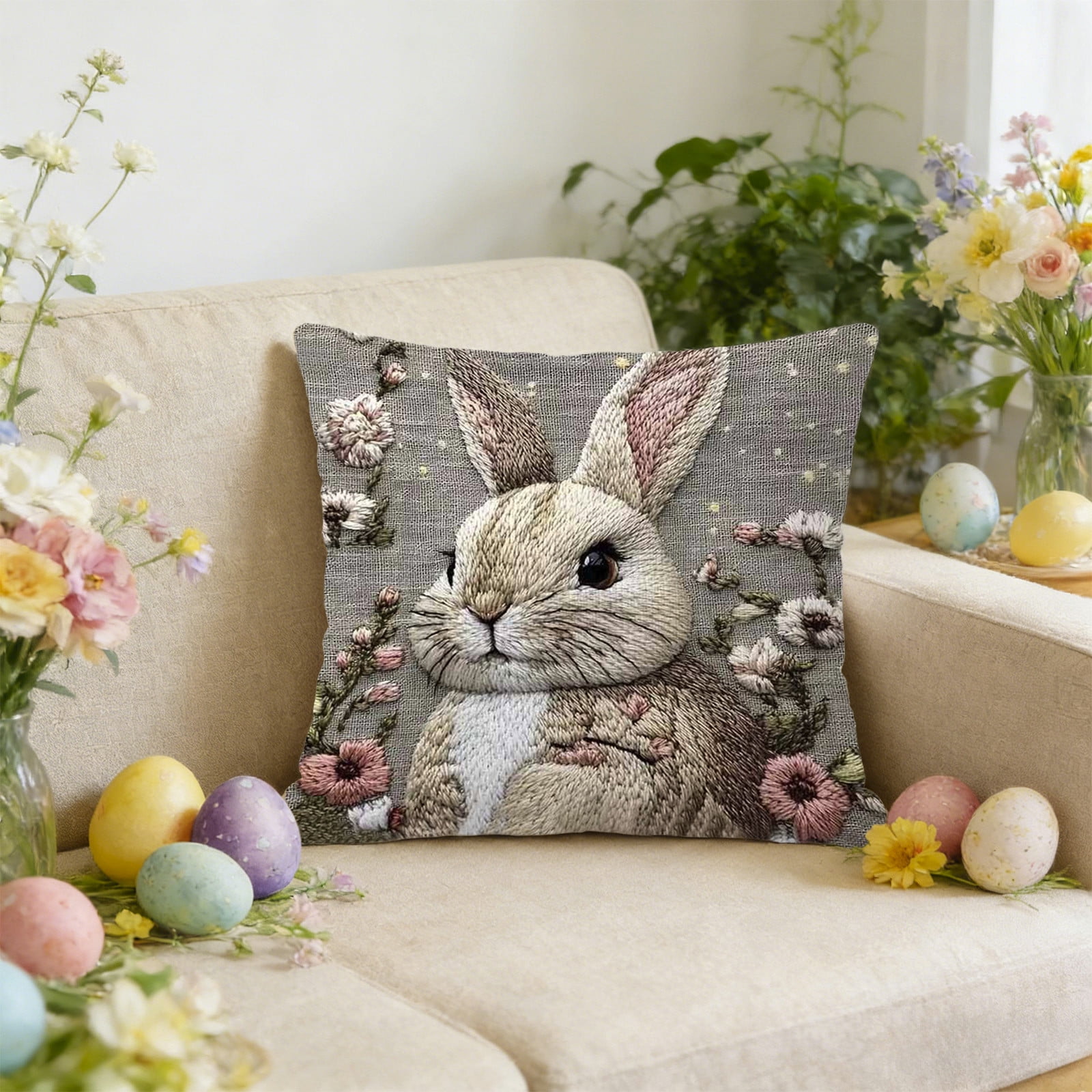 BAOPAI Easter Bunny Embroidered Pillow Cover Soft Plush Decorative ...