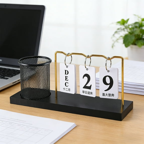 BAOPAI Elegant Reusable Metal Desktop Calendar with Pen Storage Home ...