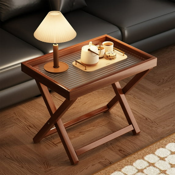 BAOPAI Foldable Bamboo Bedside Table with Breakfast Tray and Guard ...