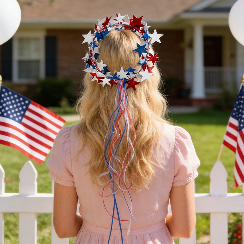 BAOPAI Patriotic Star Head Wreath with Tassels & Streamers - Red White ...
