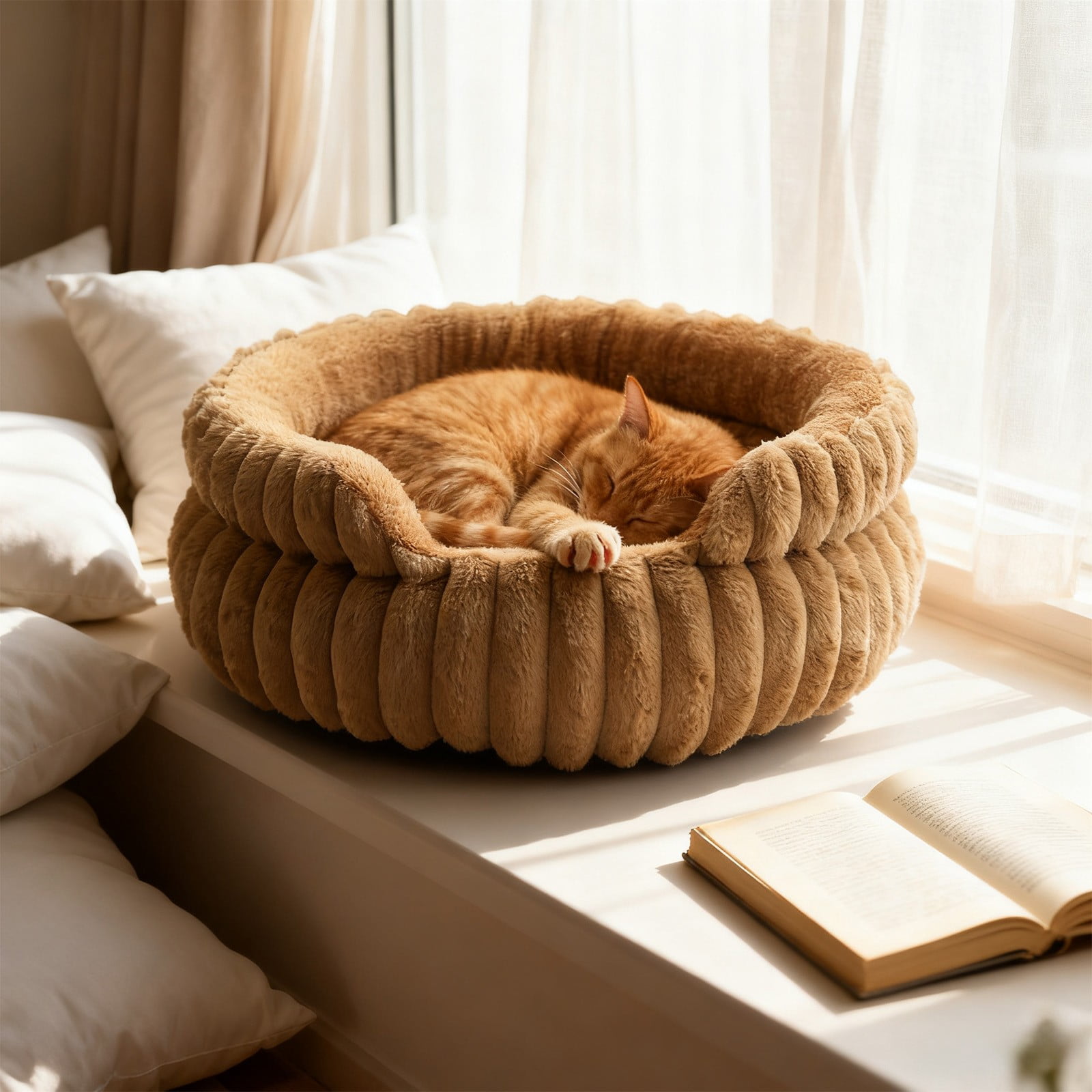 BAOPAI Winter Plush Round Cat Bed for Cats and Small Dogs Soft Fluffy ...