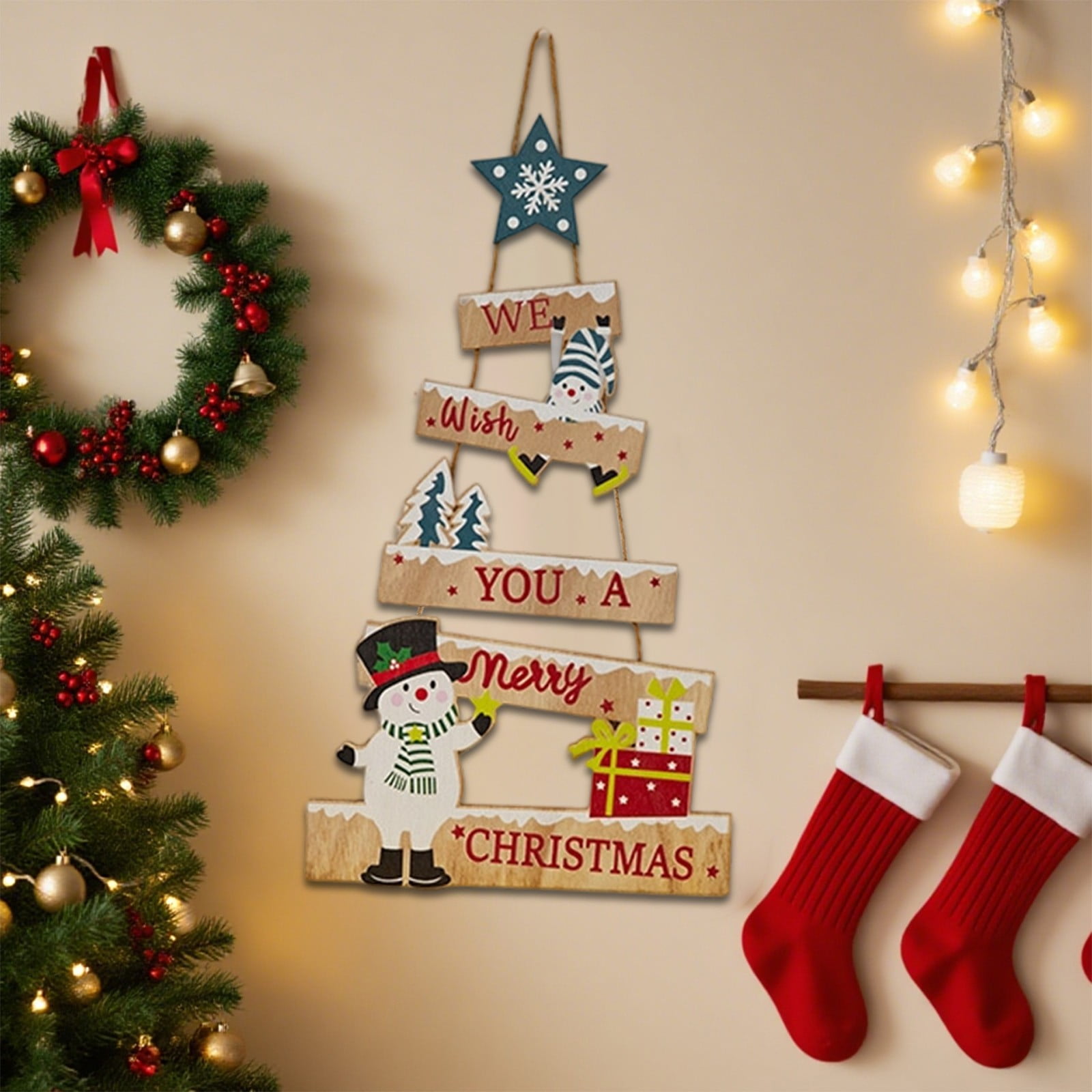 BAOPAI Wooden Christmas Hanging Ornament with Snowflake Star and ...