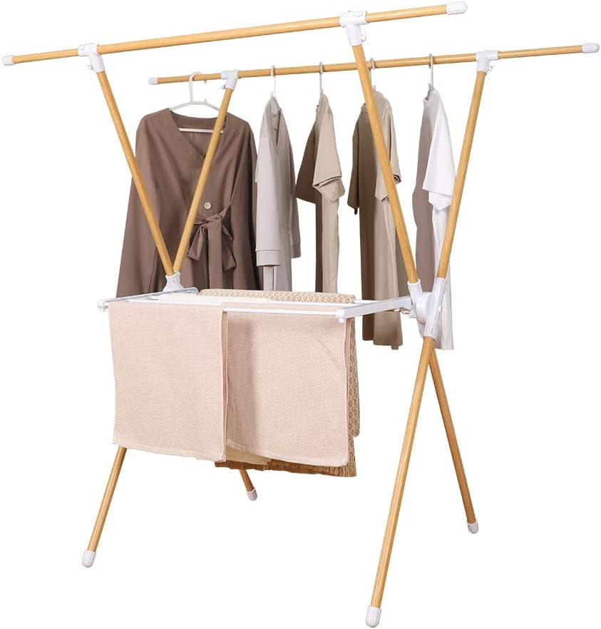 BAOYOUNI Foldable Clothes Drying Rack with Shelf Laundry Towels Hanger ...