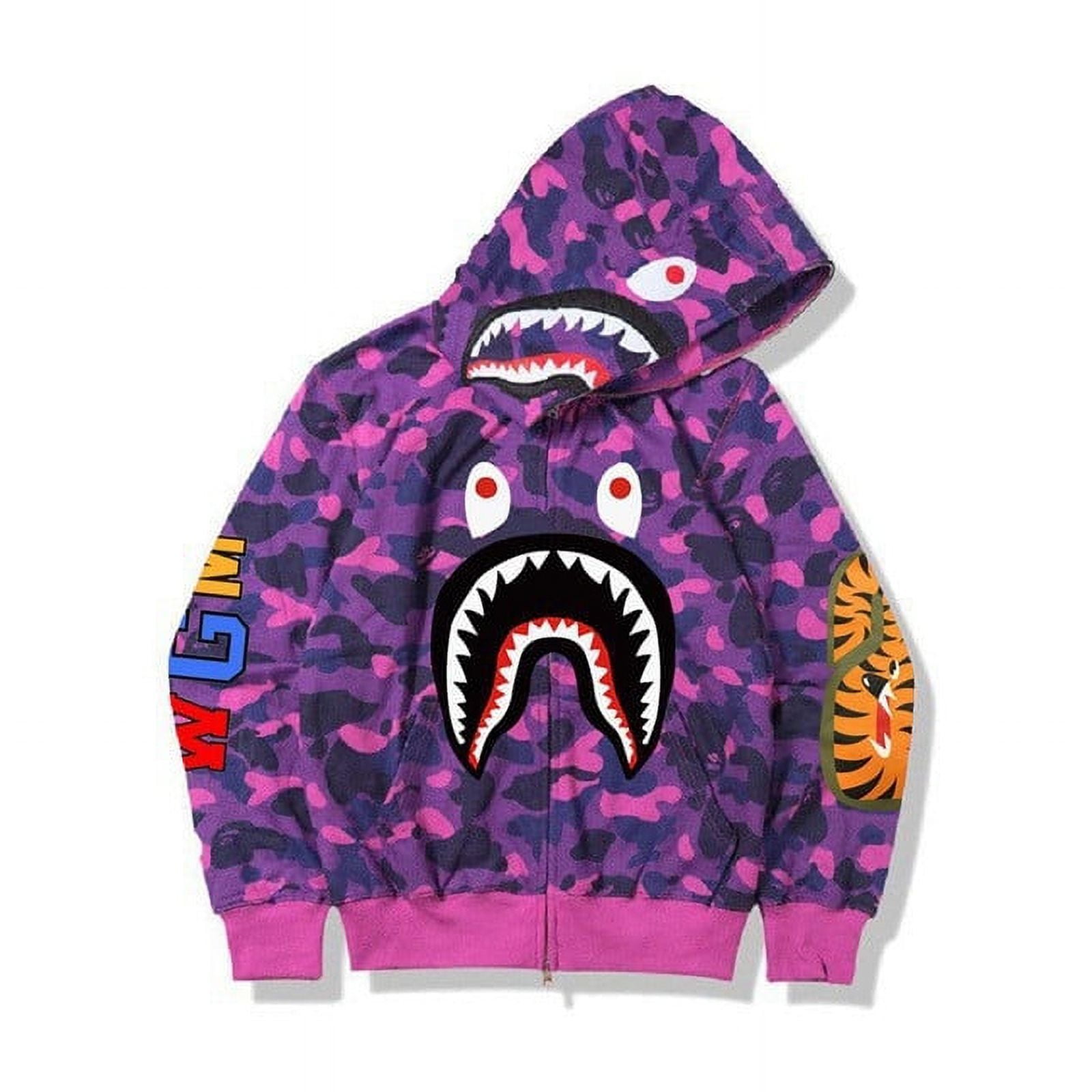 BAPE Embroidered Shark Camouflage Hoodie - 3D Spring/Autumn Zip-Up Hooded Sweatshirt for Men ...