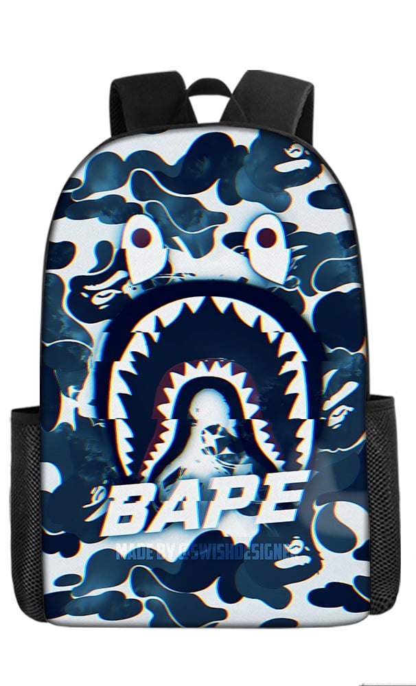BAPE Shark Mouth Backpack Fashion Plaid Backpack Student Backpack Large ...
