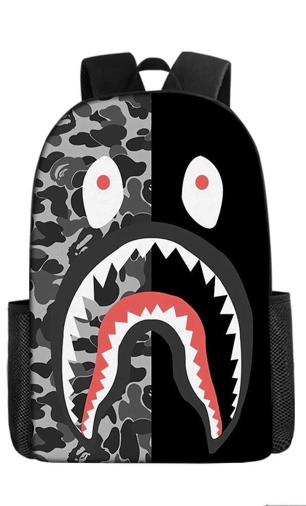BAPE Shark Mouth Backpack Fashion Plaid Backpack Student Backpack Large ...