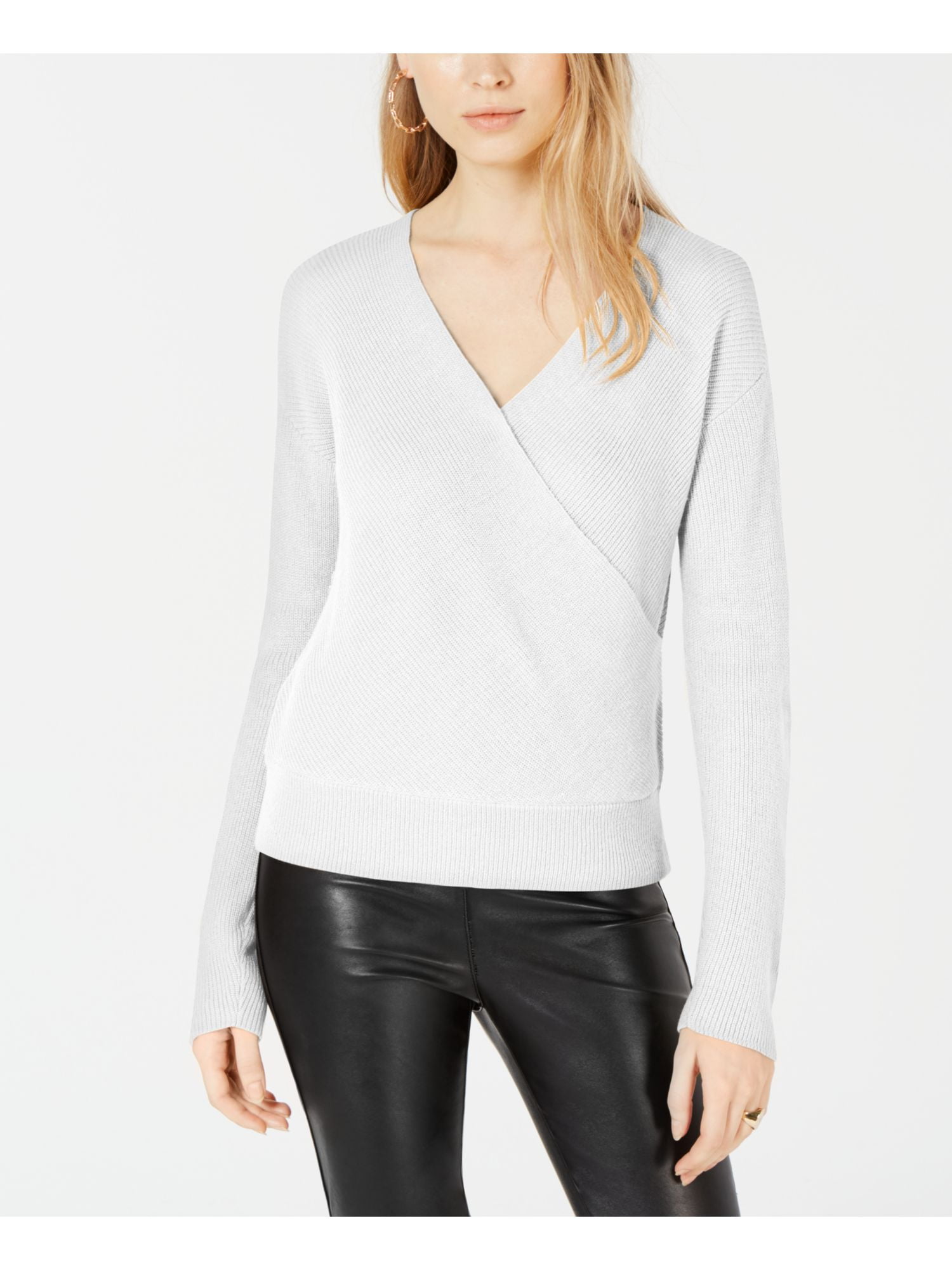 BAR III $55 Womens New 1199 Ivory Heather Long Sleeve V Neck Wrap Top ...