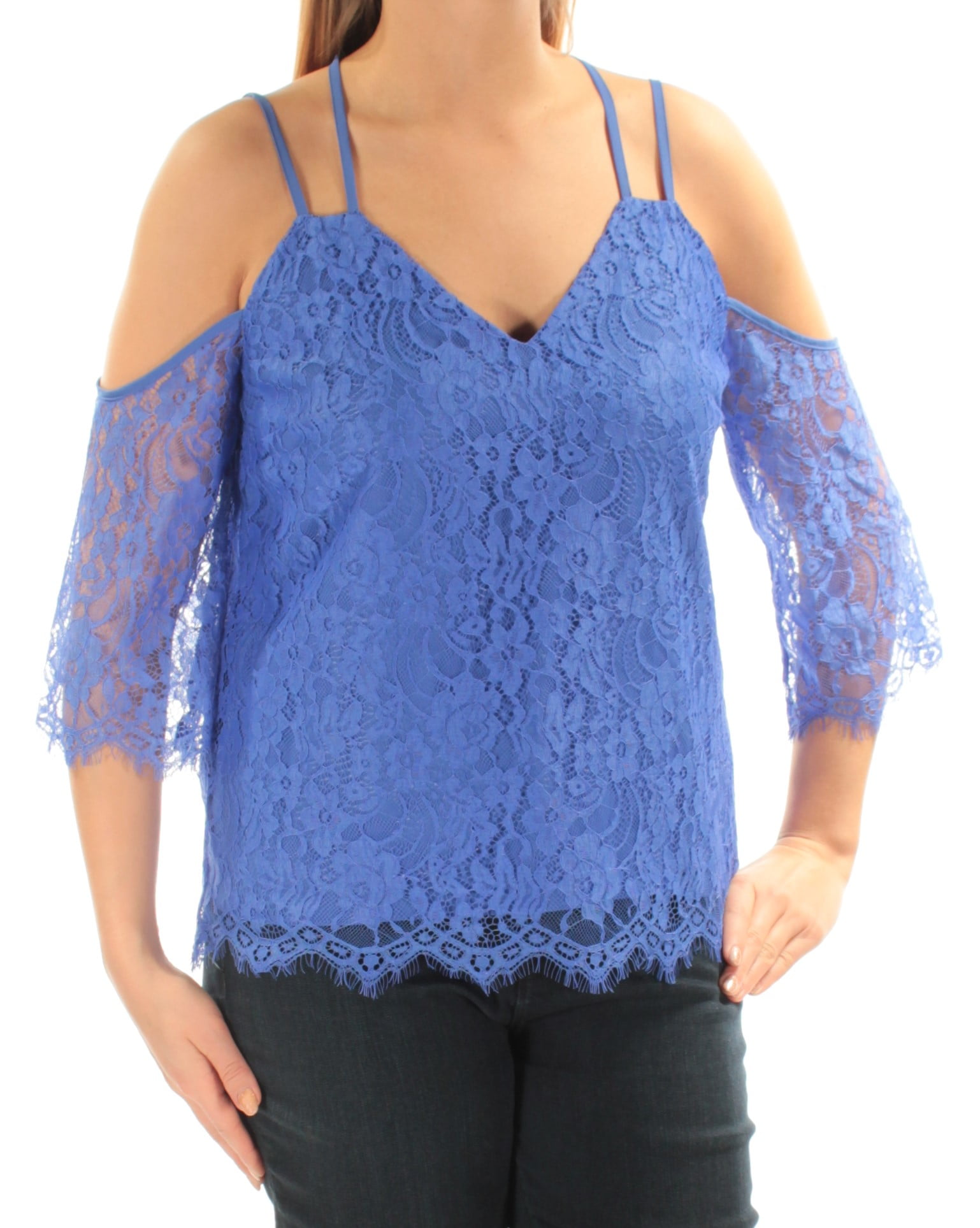 BAR III Womens Blue Lace Spaghetti Strap Off Shoulder Party Top Size: L ...