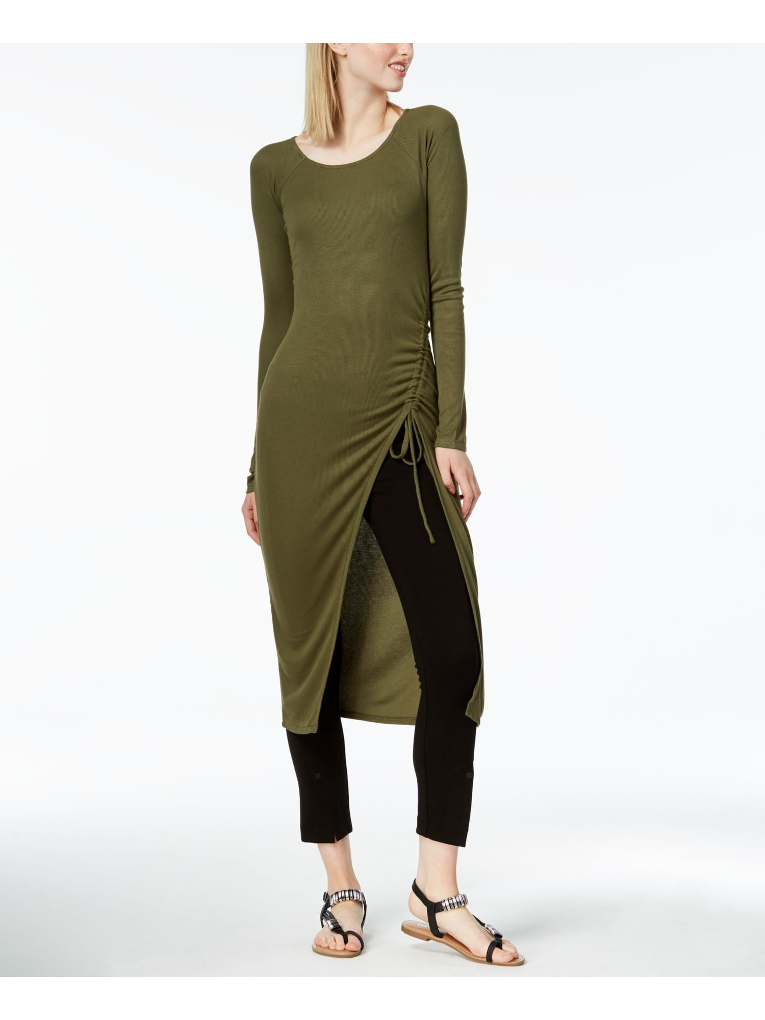 BAR III Womens Green Ruched Long Sleeve Jewel Neck Tunic Top 2XS ...