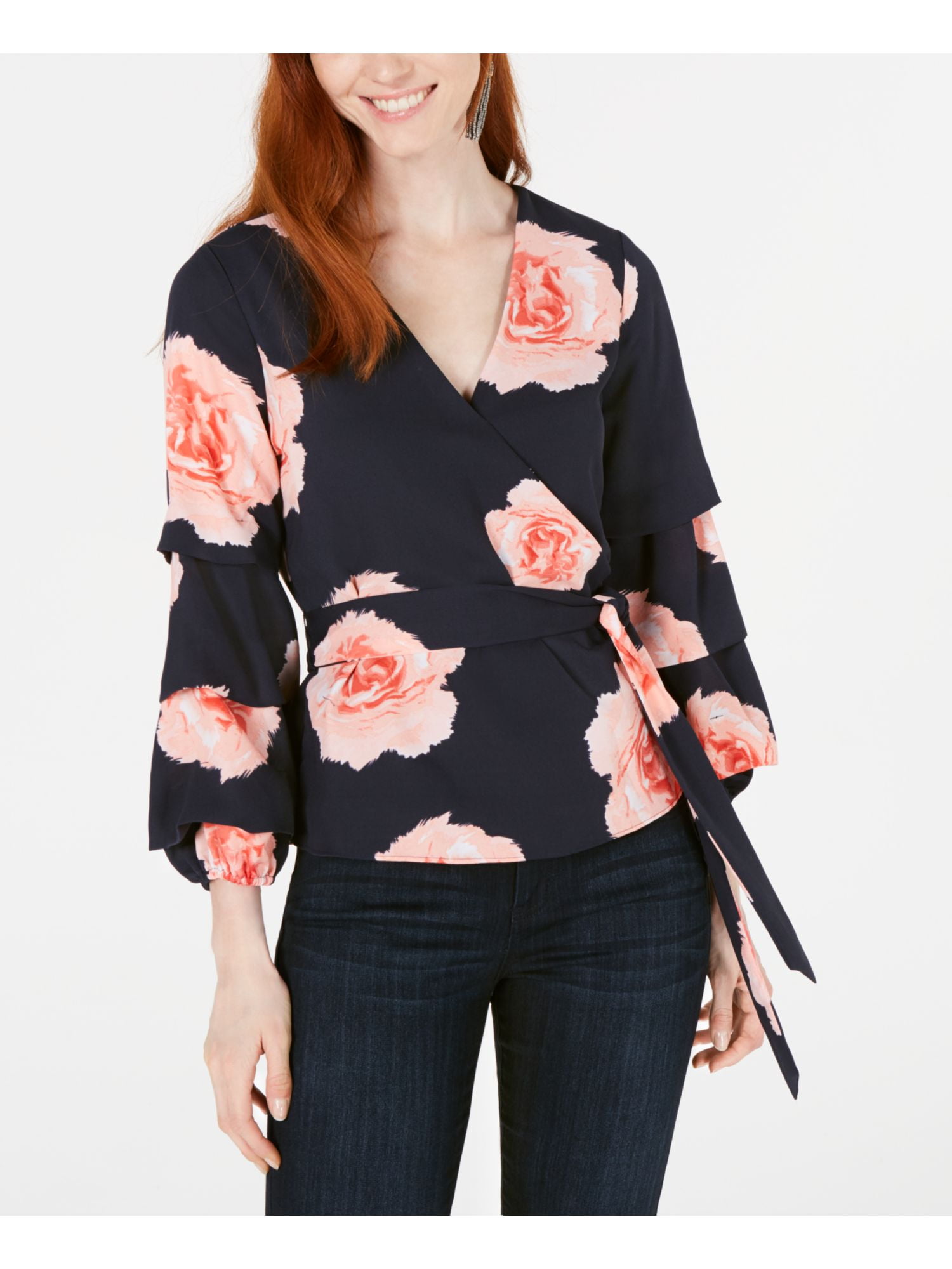 BAR III Womens Navy Floral V Neck Wrap Top S - Walmart.com