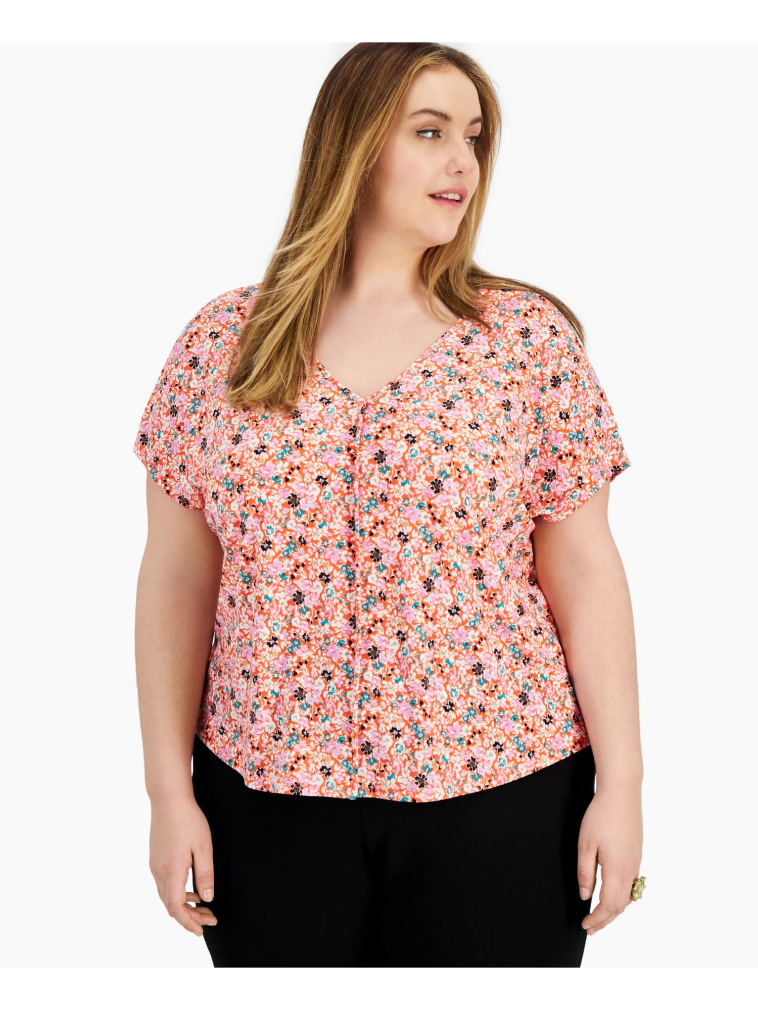 BAR III Womens Orange Floral Short Sleeve V Neck Wear To Work Top Plus ...