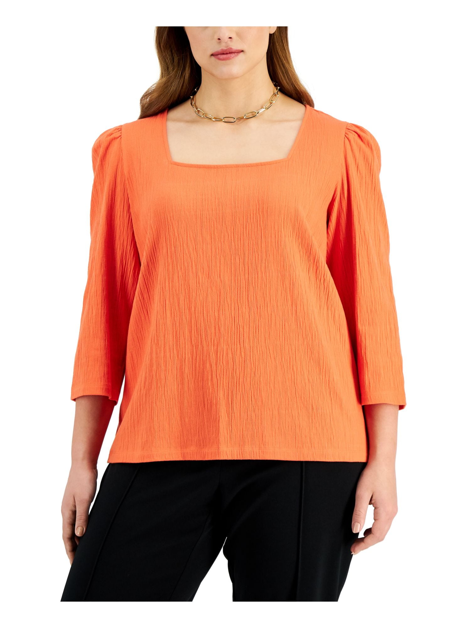 BAR III Womens Orange Gathered 3/4 Sleeve Square Neck Wear To Work Top ...