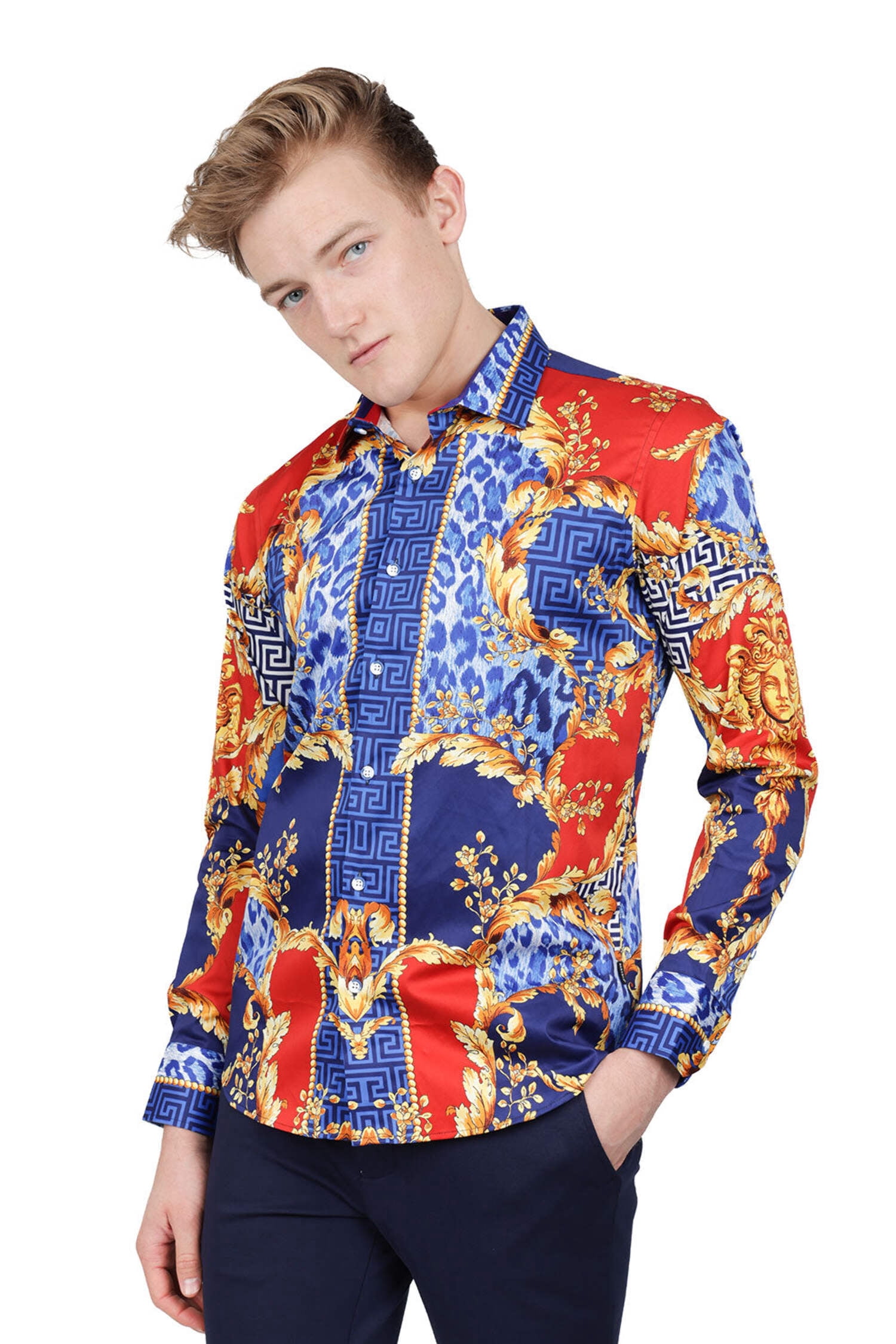 BARABAS Men's Medusa Floral Greek Key Baroque Button Down Shirt SP01 ...