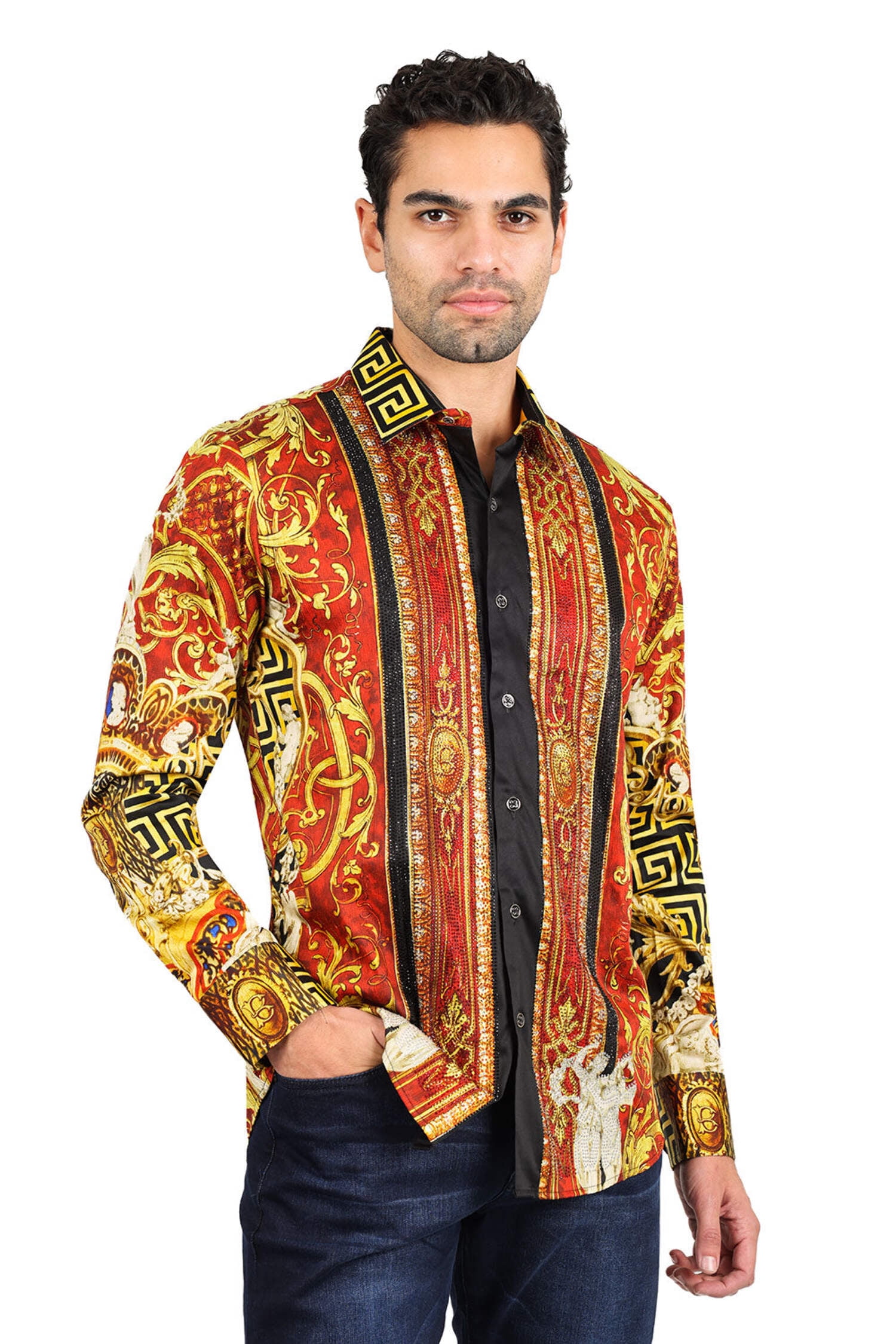 BARABAS Men's Rhinestone Angles Greek Pattern Crown Shirts 2SPR28 ...