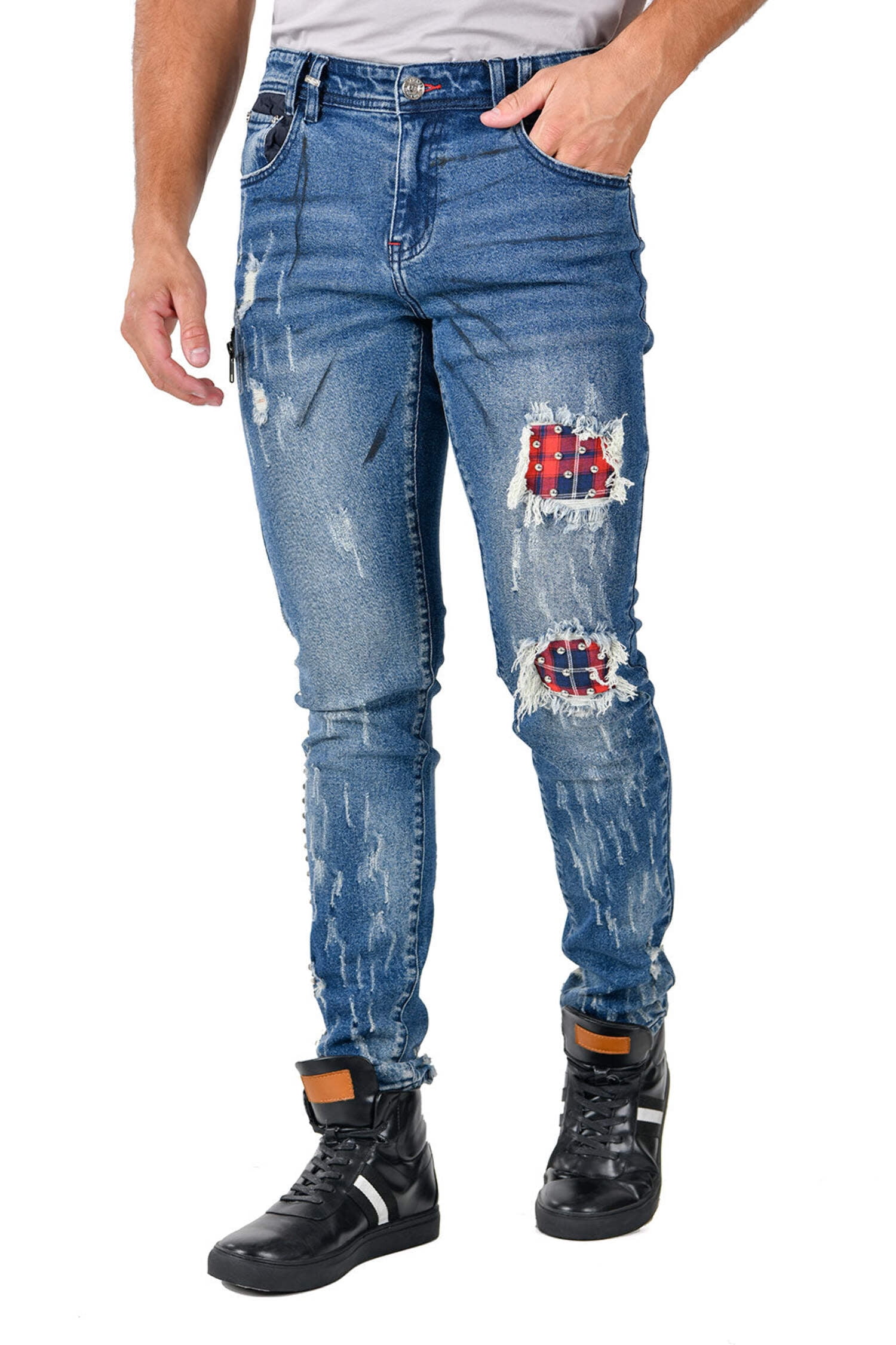 BARABAS Men's Ripped Plaid Patches Rhinestone Spike Denim Jeans SN8864 ...