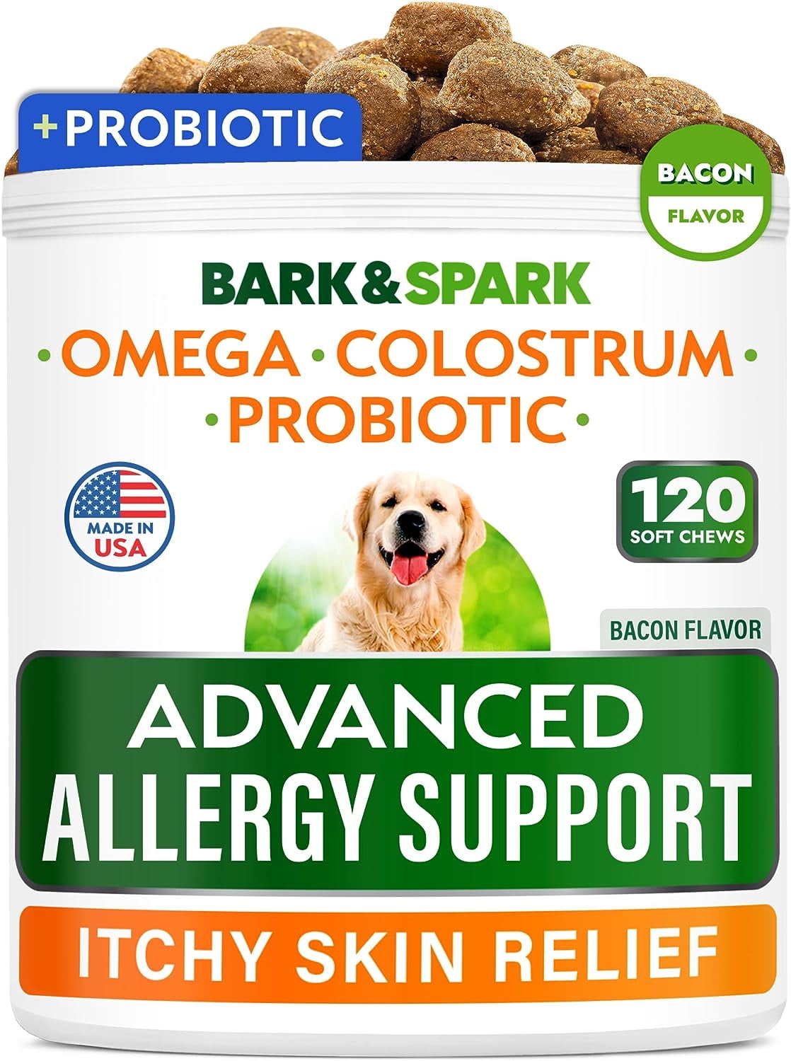 Allergy & Itch Relief Dog Chews - Omega 3, Probiotics - Skin Support, Bacon Flavor - Made in USA ...
