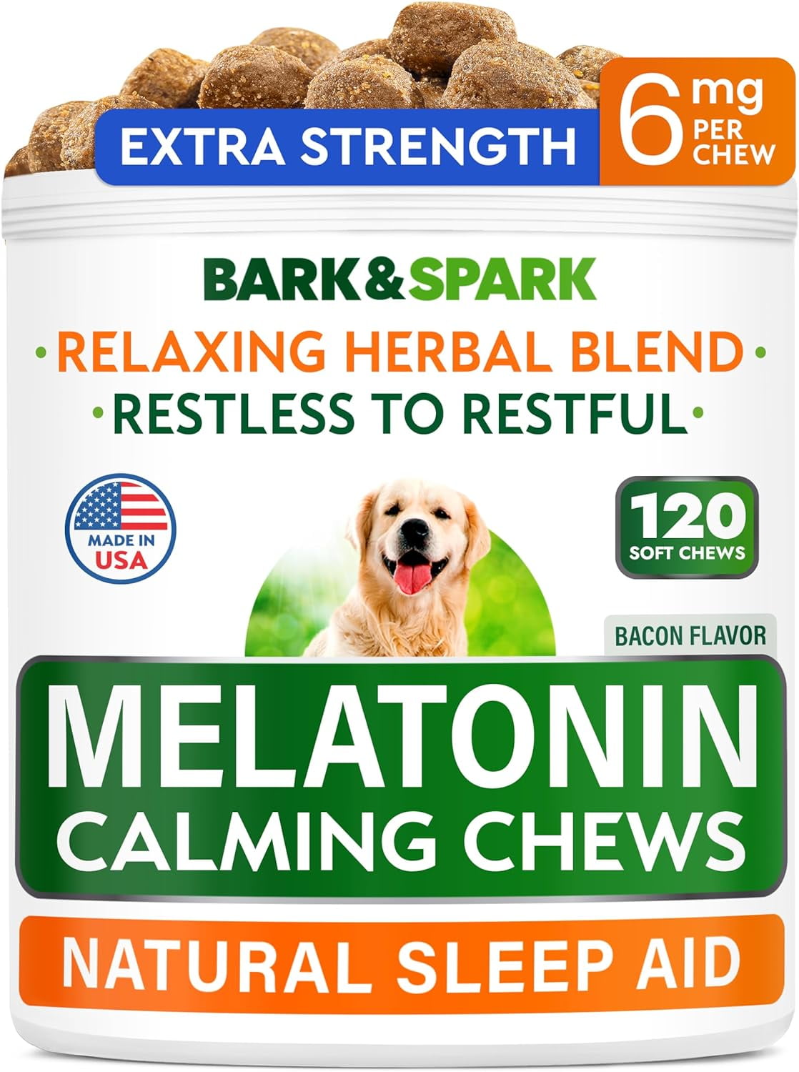 BARK&SPARK Extra Strength Melatonin Calming Chews for Dogs Sleep - 6mg ...