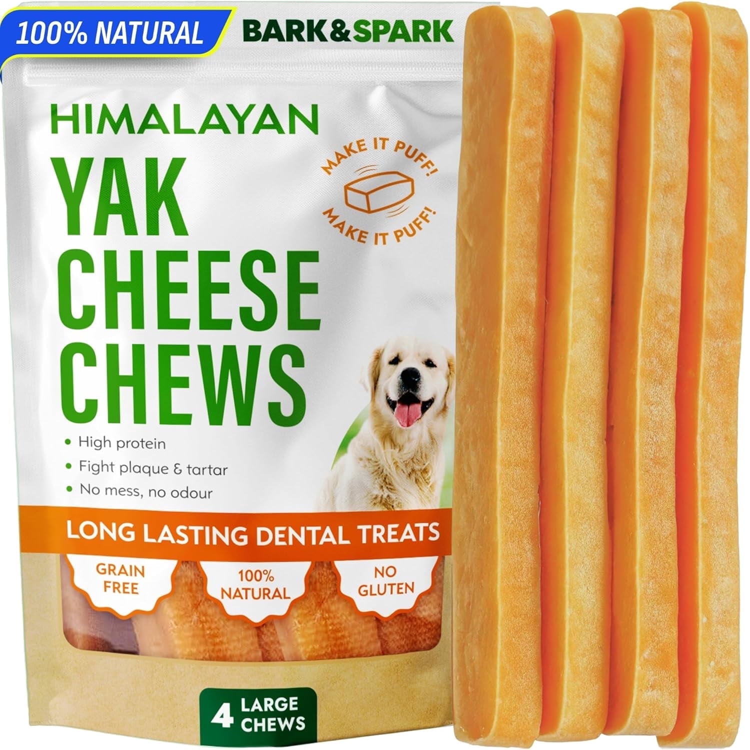 BARK&SPARK Yak Cheese Himalayan Dog Chews, 100% Natural, Long Lasting ...