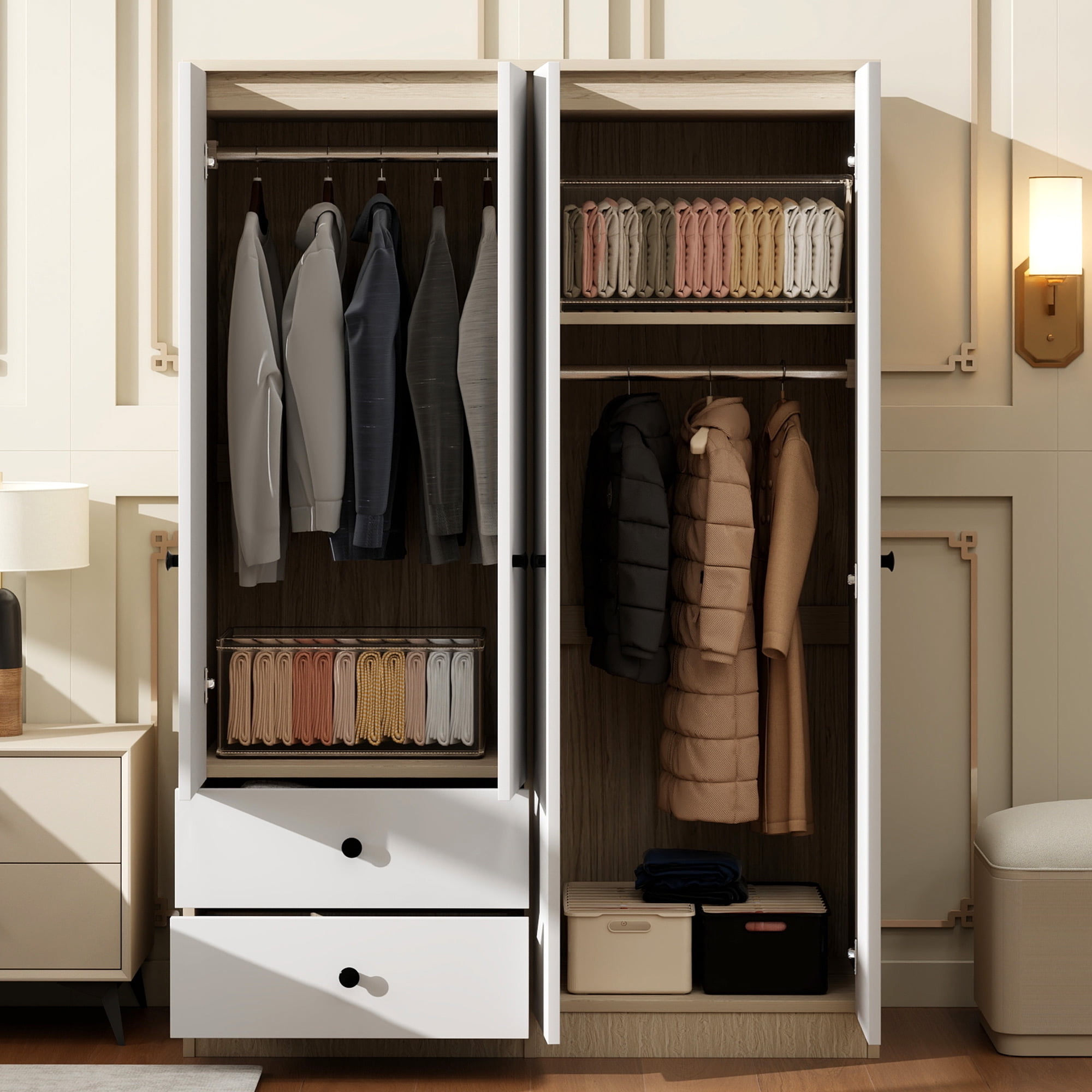 BARONAGE 4 Door Wardrobe Closet with Drawers,Shelf and Hanging Rod ...
