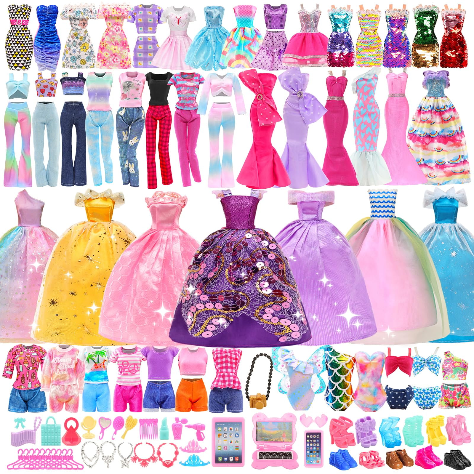 BARWA 70 Pack Doll Clothes and Accessories 3 Wedding Gown Dresses 5 ...