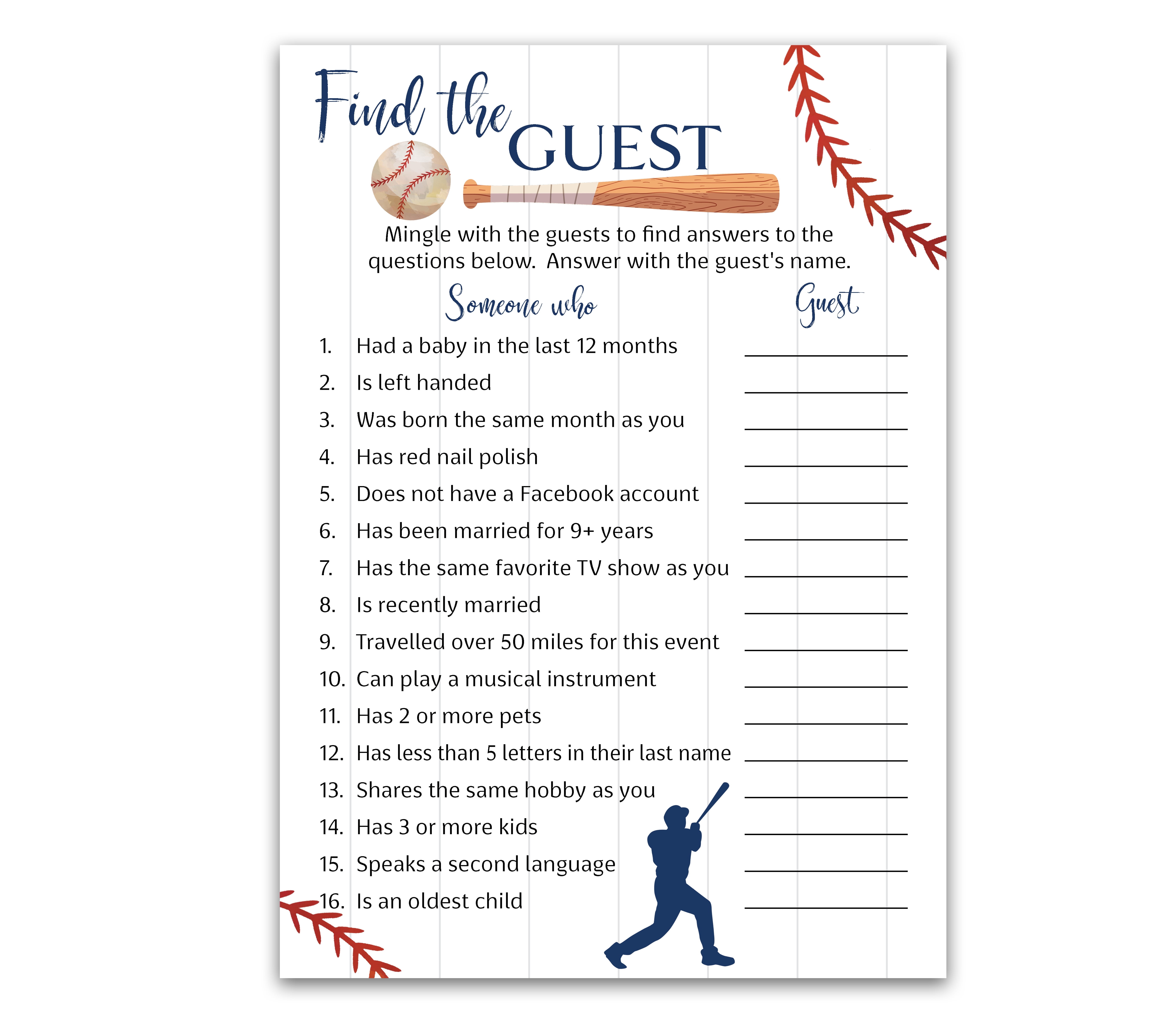 BASEBALL Baby Shower Games— FIND THE GUEST Game — Pack of 25 — Sports ...