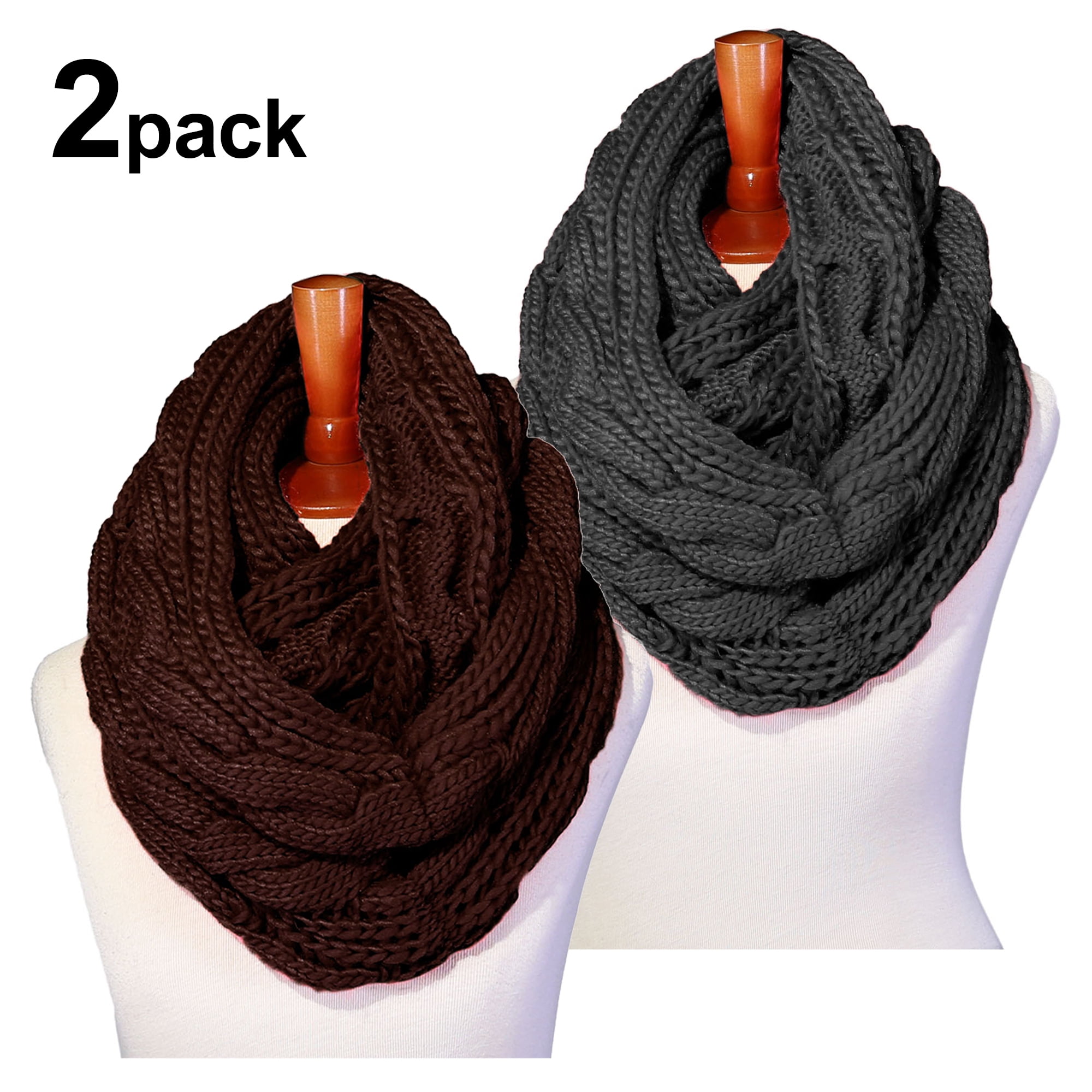 BASICO 2PK Charcoal Grey, Brown Infinity Scarf for Women Winter Chunky ...