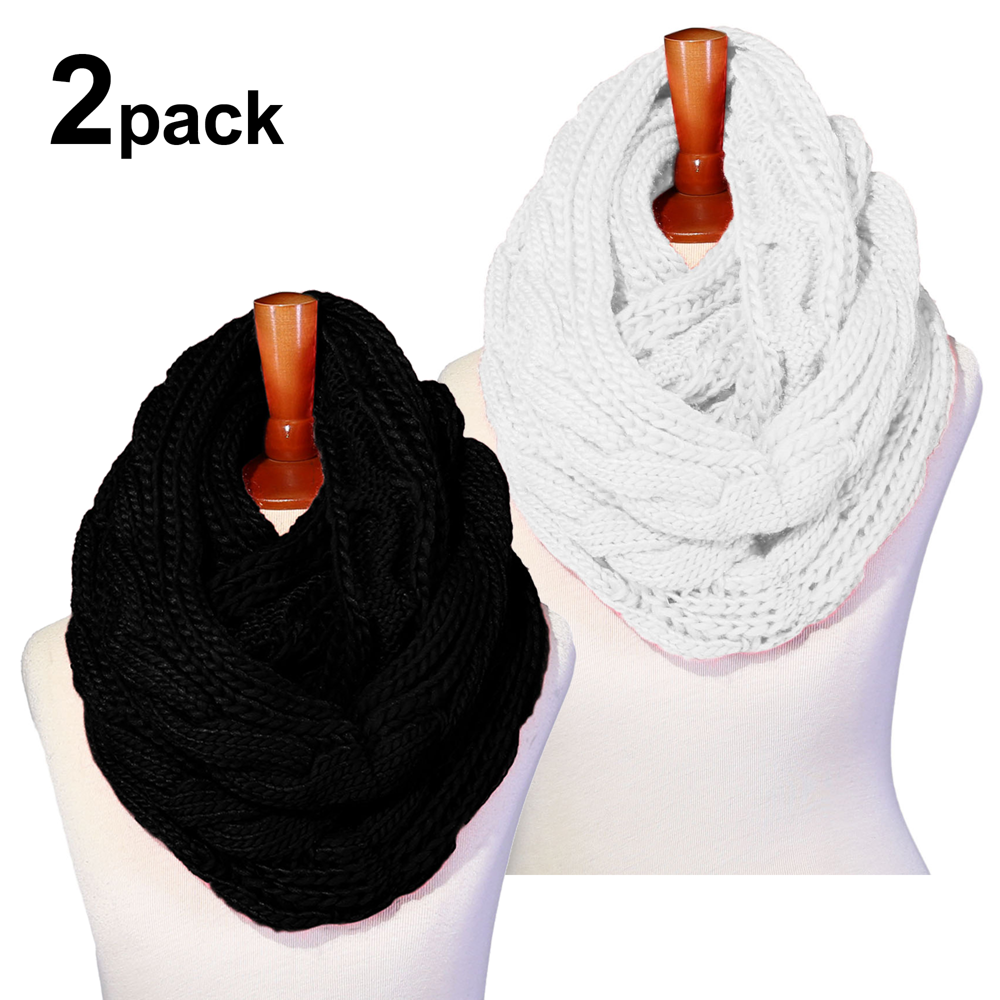 BASICO 2PK White, Black Infinity Scarf for Women Winter Chunky Knitted ...