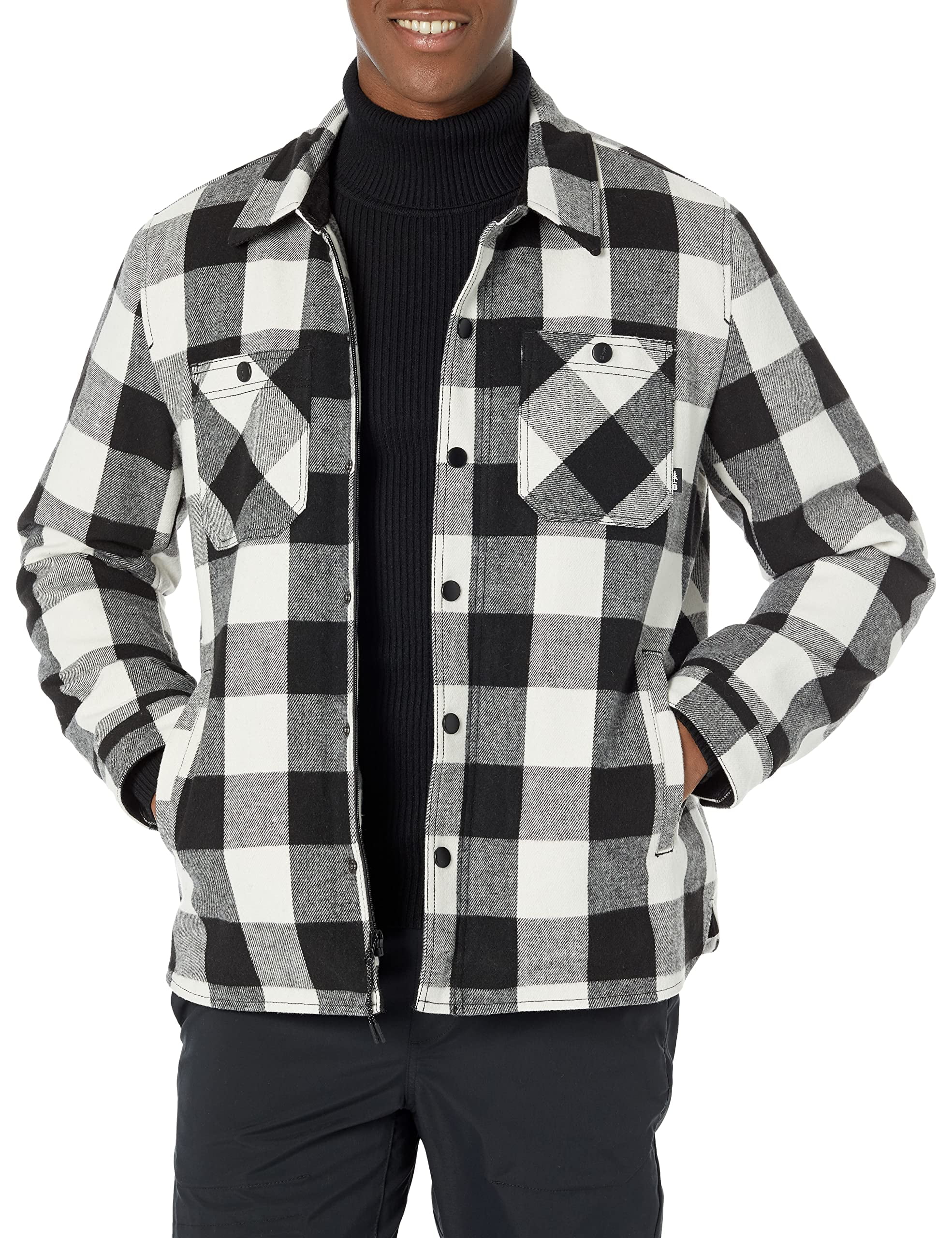 BASS OUTDOOR Men's Wool Blend Sherpa Shacket, Black/White Buffalo Plaid ...