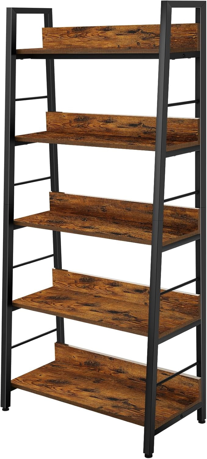 BATHWA 5 Tier Book Shelf, Rustic Industrial Ladder Bookshelf Wood Metal ...