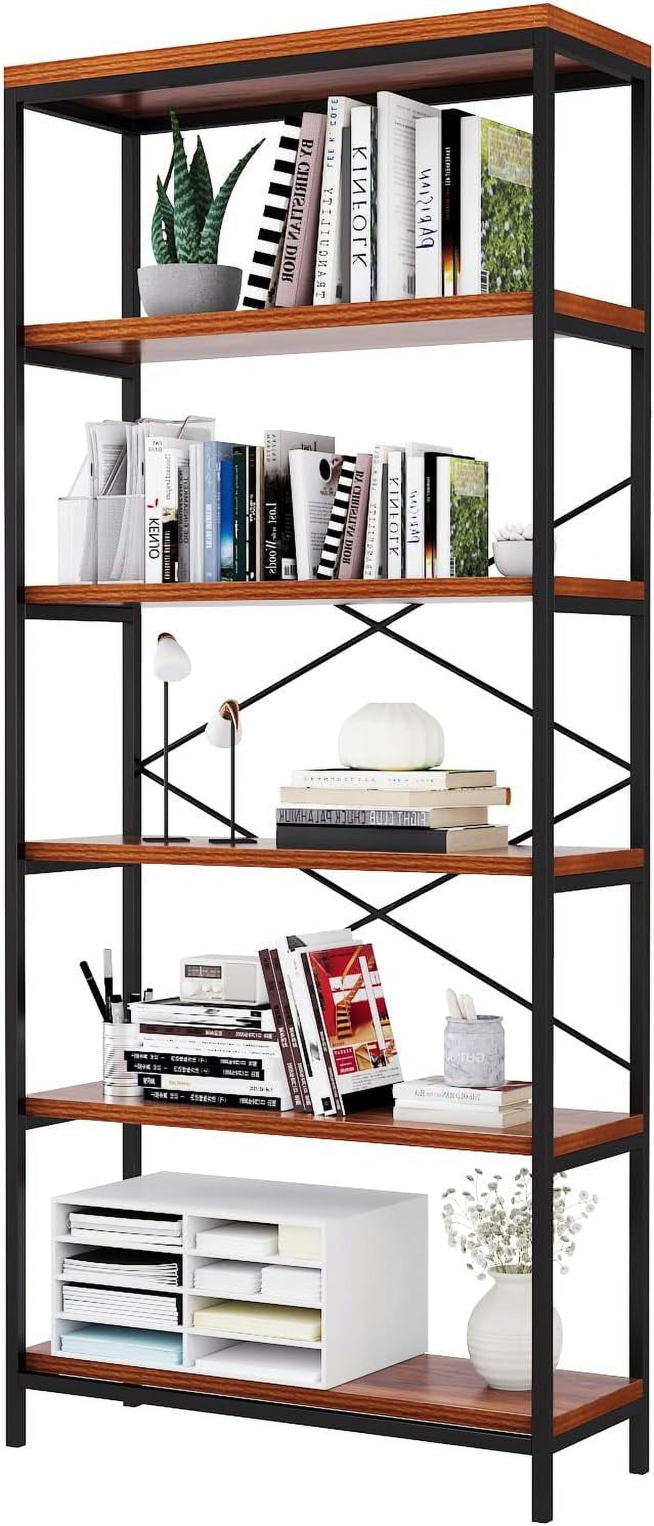 BATHWA Wood and Metal Minimalist 5 Tier Bookshelf, Large Tall Open ...