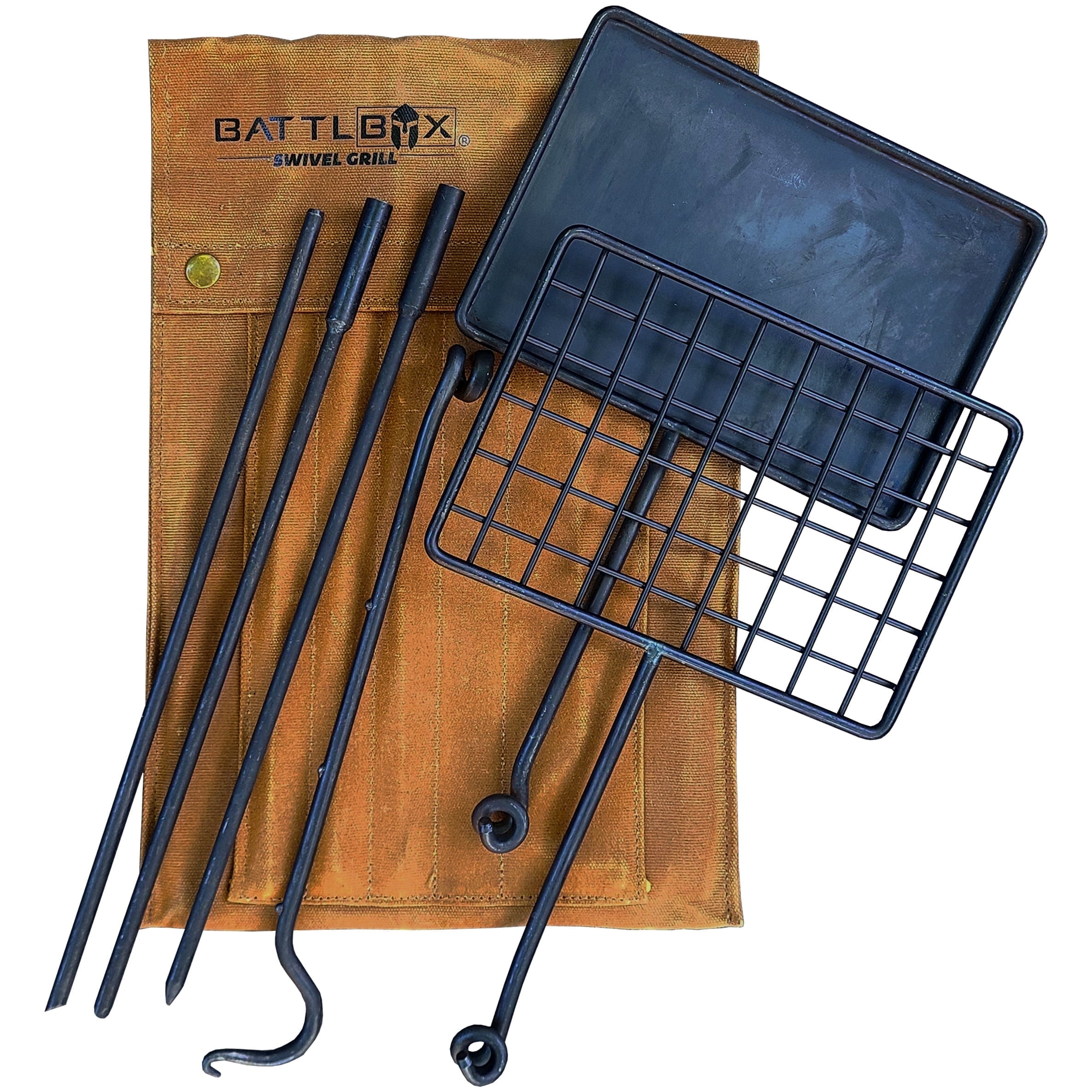 BATTLBOX Camping Grill Set, Steel Camp Cooking Grate Swivel Fire Grill ...