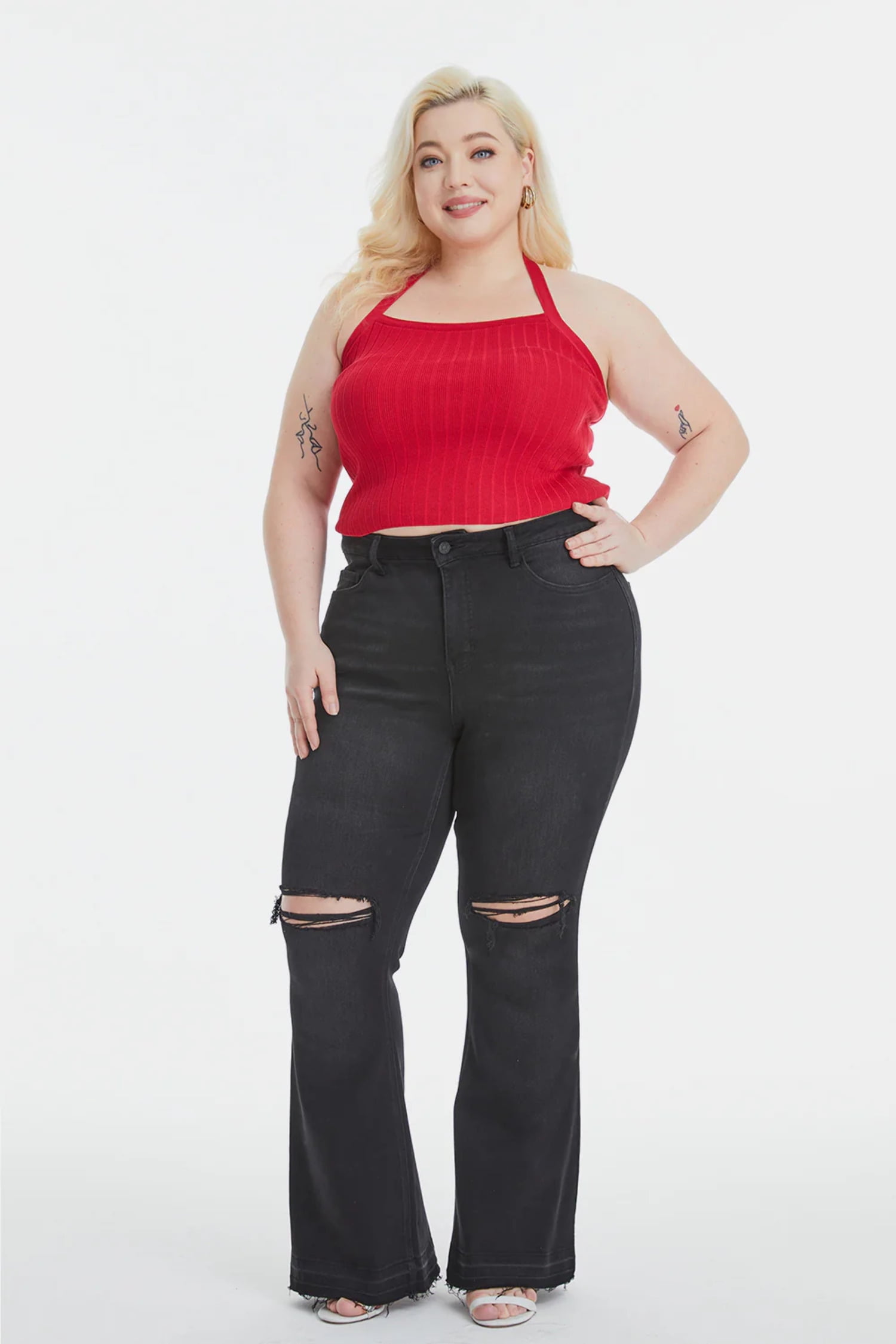 BAYEAS Full Size High Waist Distressed Raw Hem Flare Jeans - Walmart.com