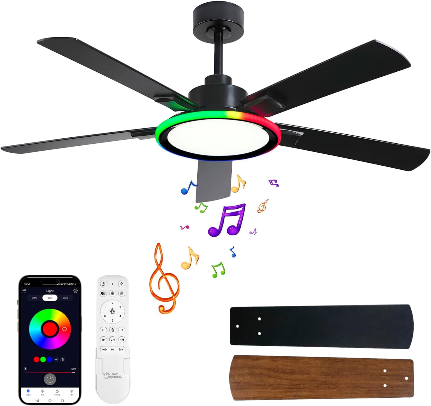 BAYSQUIRREL 52" Ceiling Fans with Lights,Bluetooth Speaker,6-Speed ...