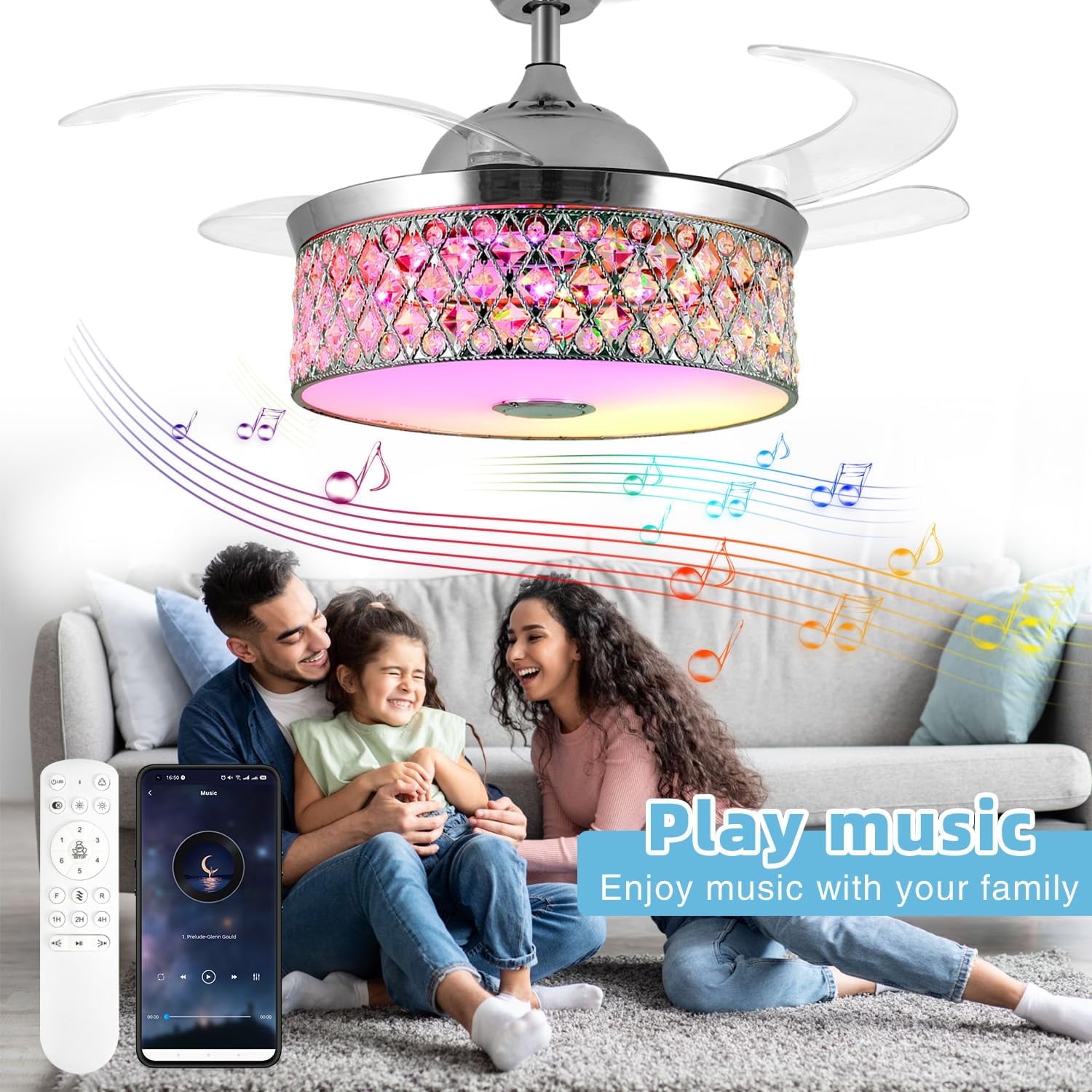 Retractable Crystal Ceiling Fan with Light and Remote/APP Control ...